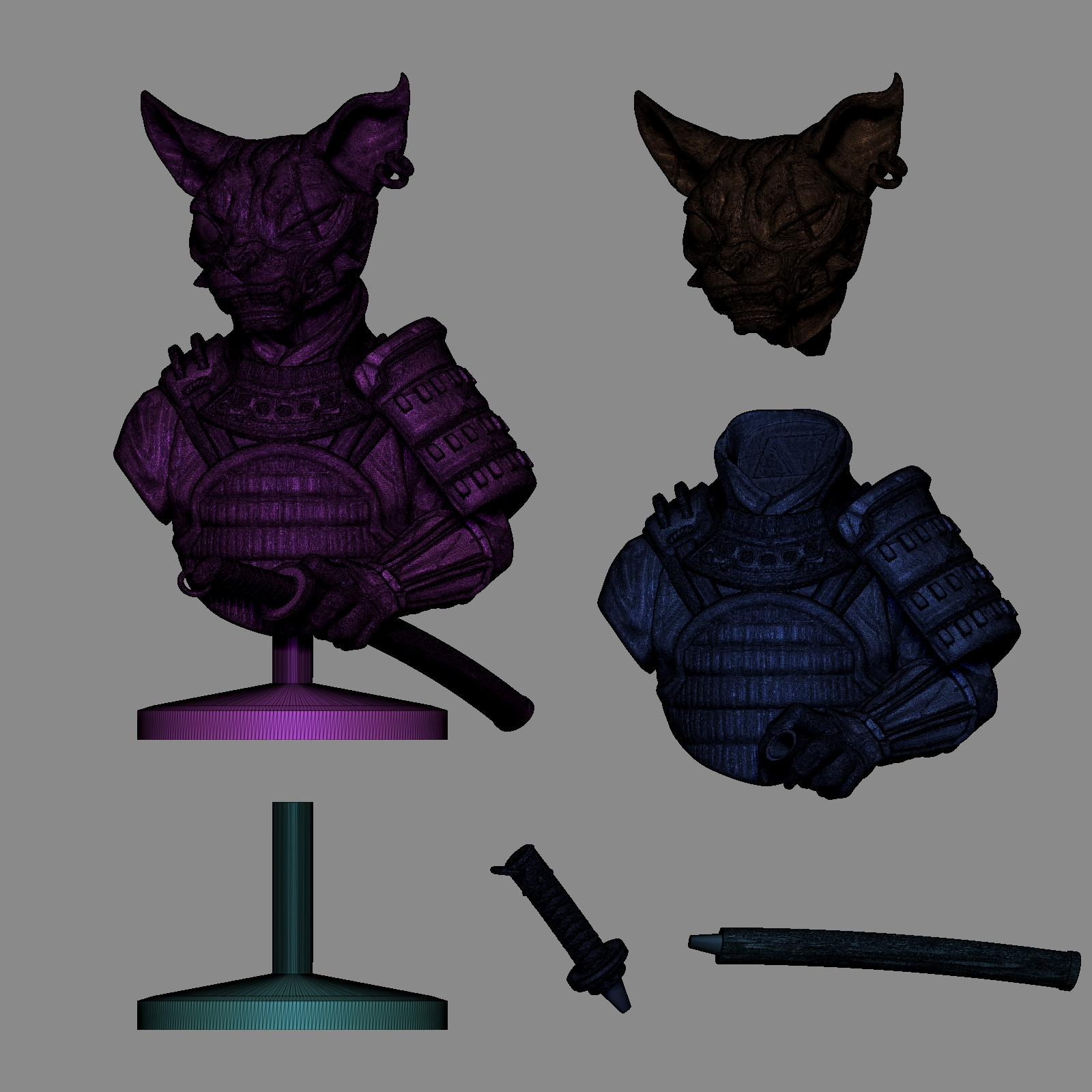 🐱 Cat Samurai x・ STL File for ・Cults