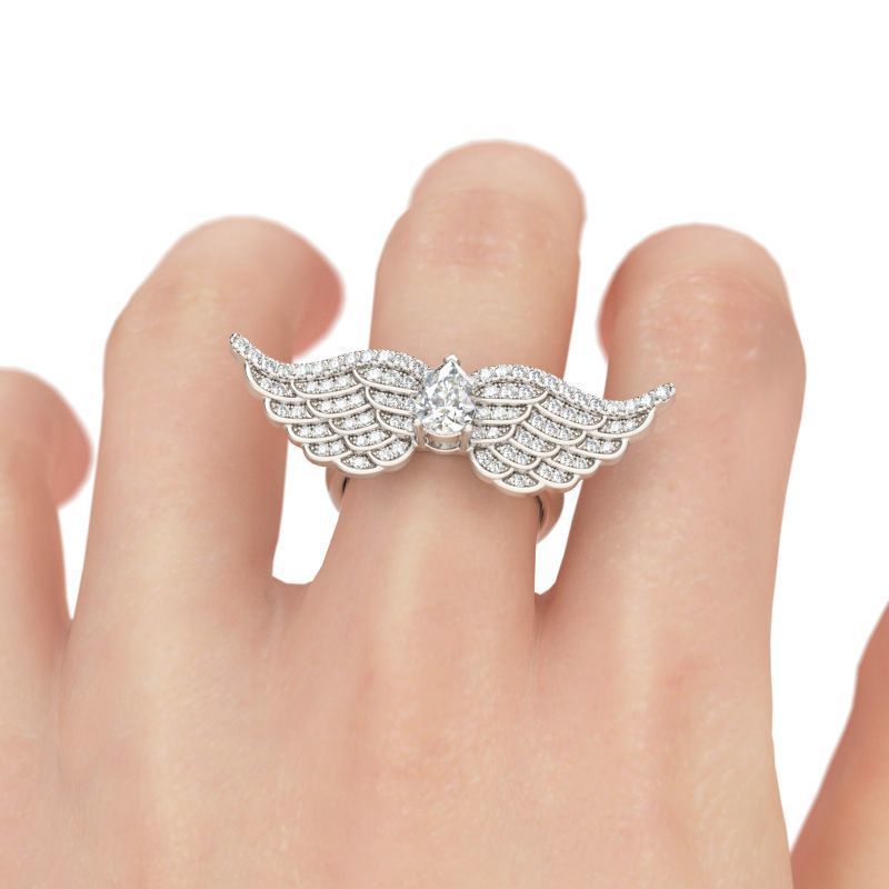 👼 JCR 1002 Angel Wings Pear Cut Sterling Gold Ring・Free 3D File for ・Cults