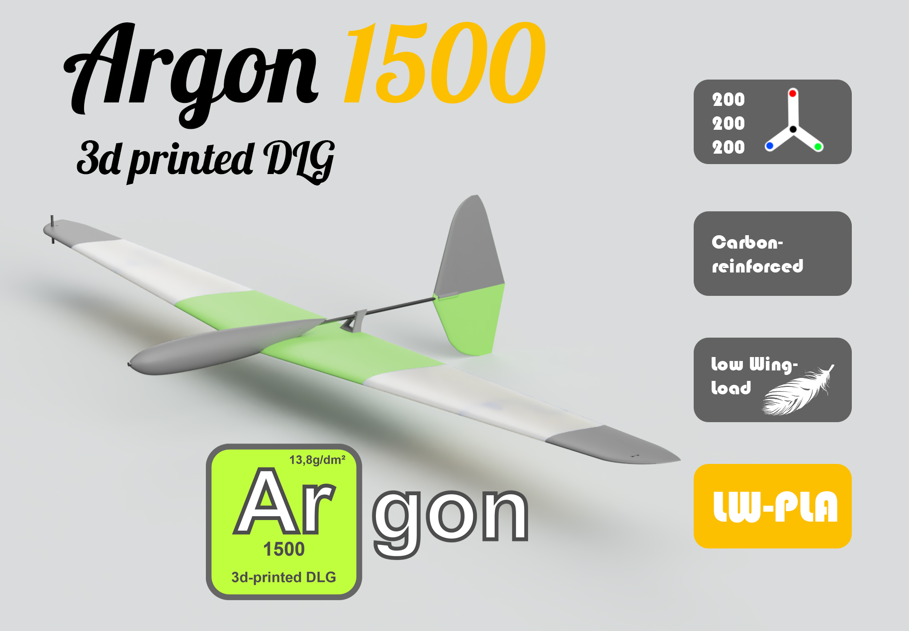 👽 Argon 1500 - 3d printed fullsize DLG-Glider・ 3D File for ・Cults