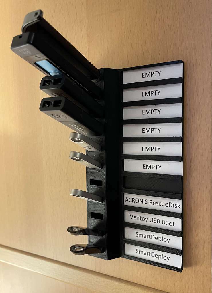 Free STL file Vertical USB stick holder with label (for 11 USB sticks ...