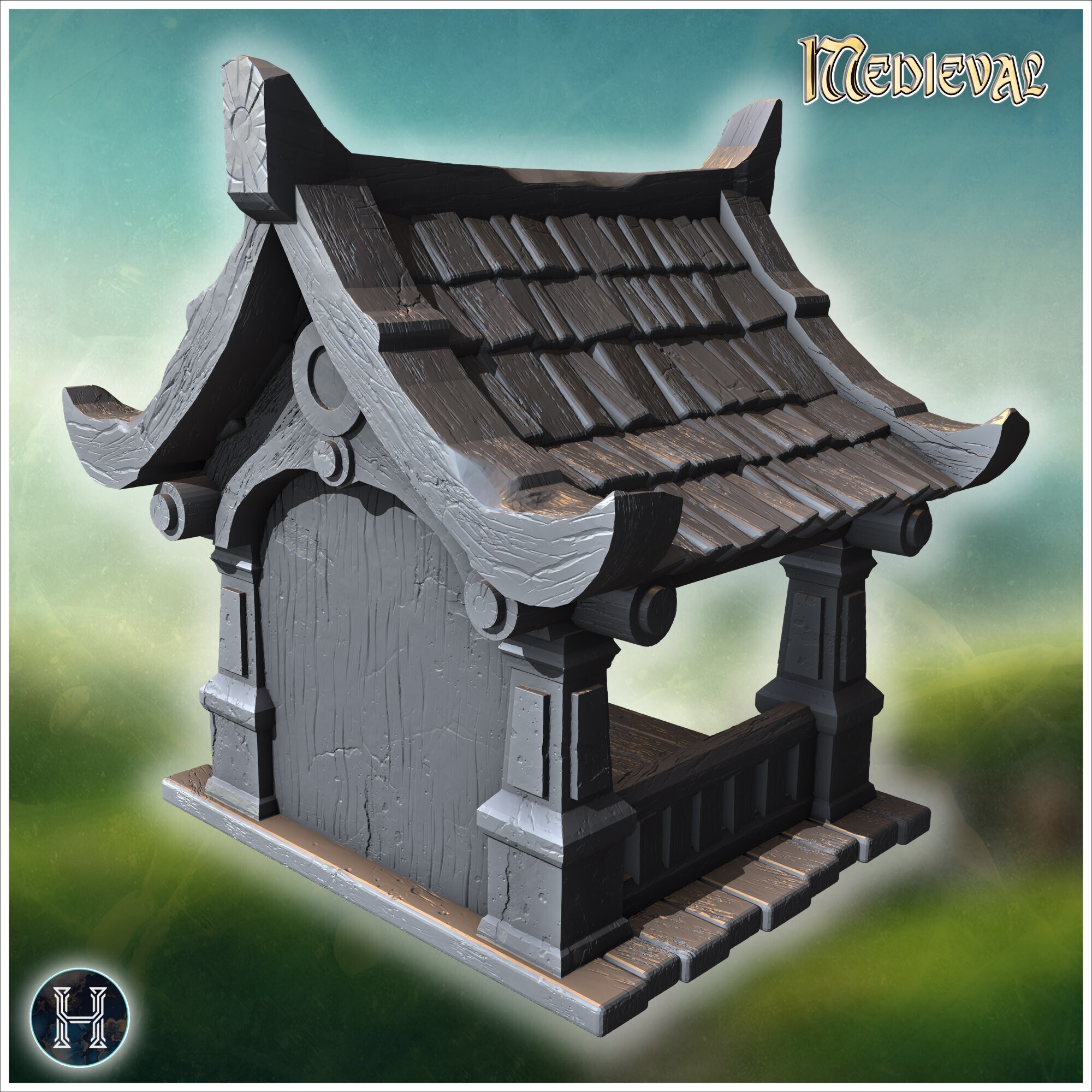 🤏 Small wooden shrine with curved tiled roof, decorative beams, and ...