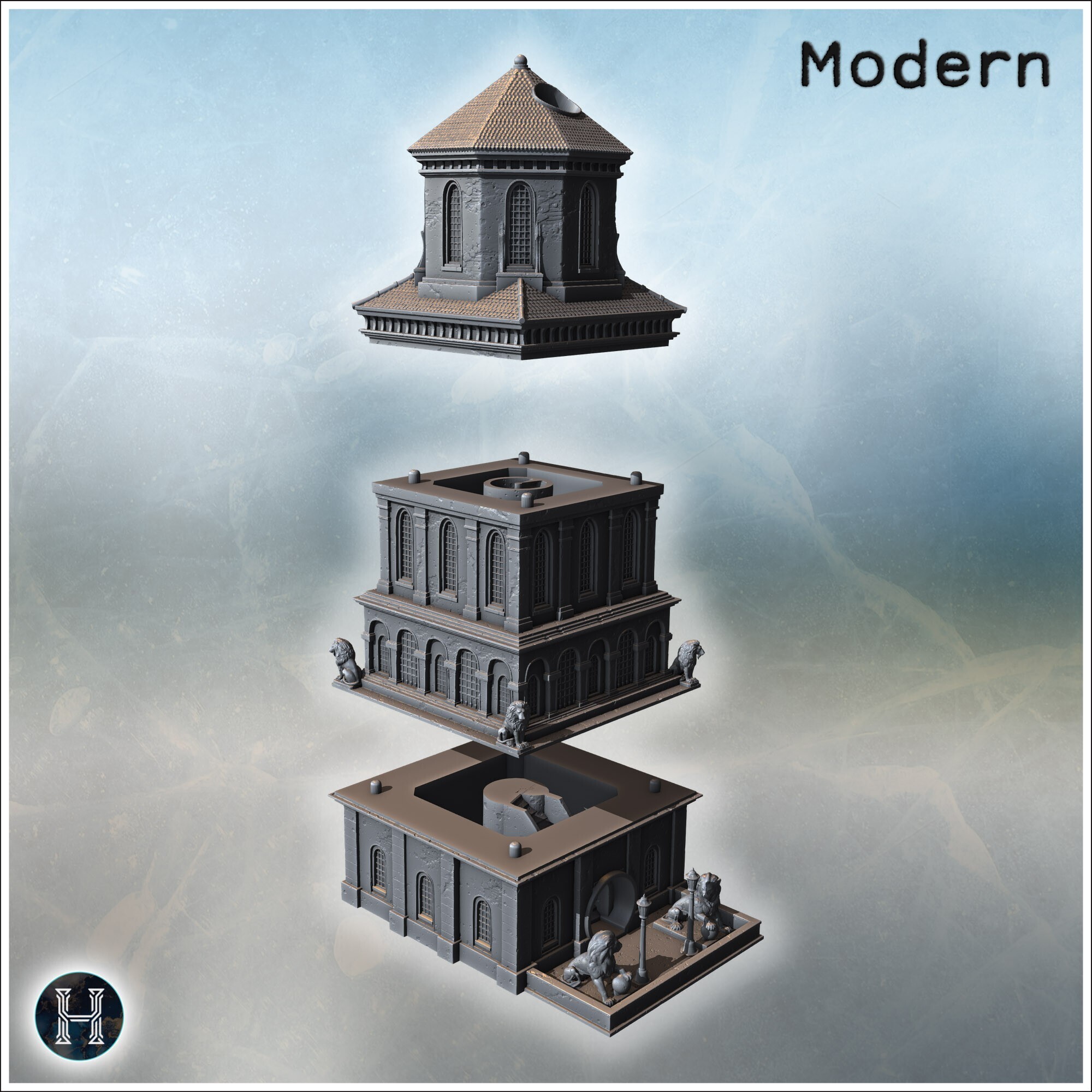 🦁 Gran torre neoclásica con ventanas arqueadas, estatuas de leones y ...