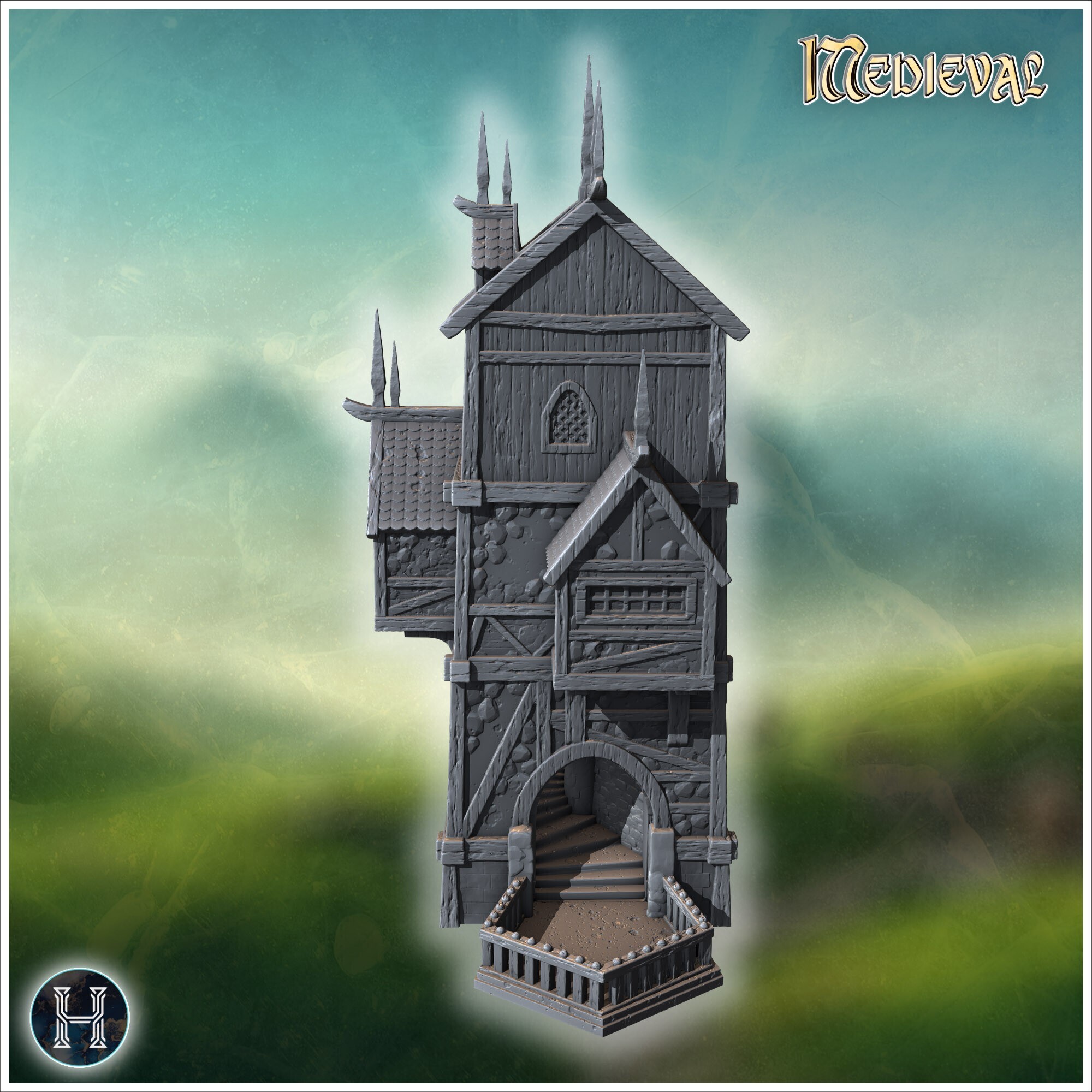 🪵 Timber-framed watchtower with reinforced base, wooden balconies, and ...