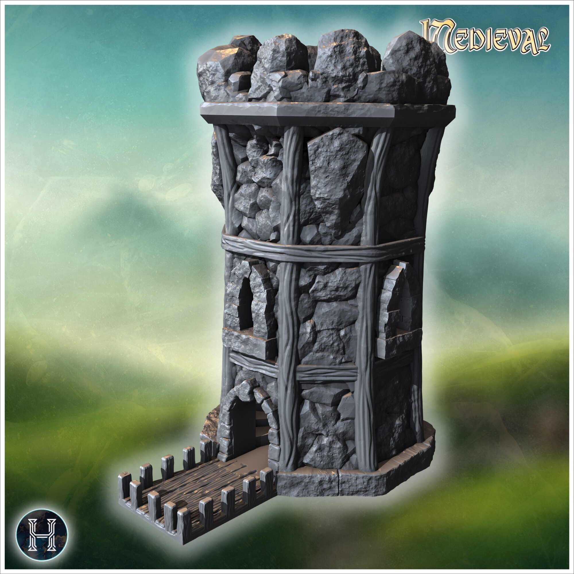 🪵 Rock-reinforced defensive tower with wooden supports, arched openings ...