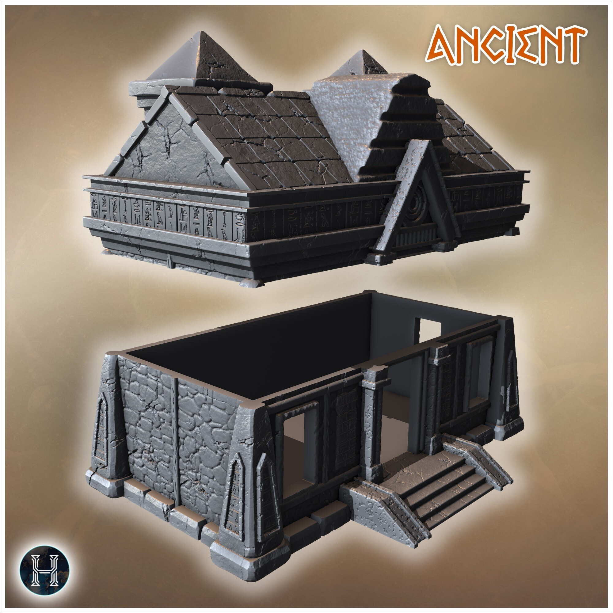 🕍 Ancient stone temple with hieroglyphic engravings, triangular ...