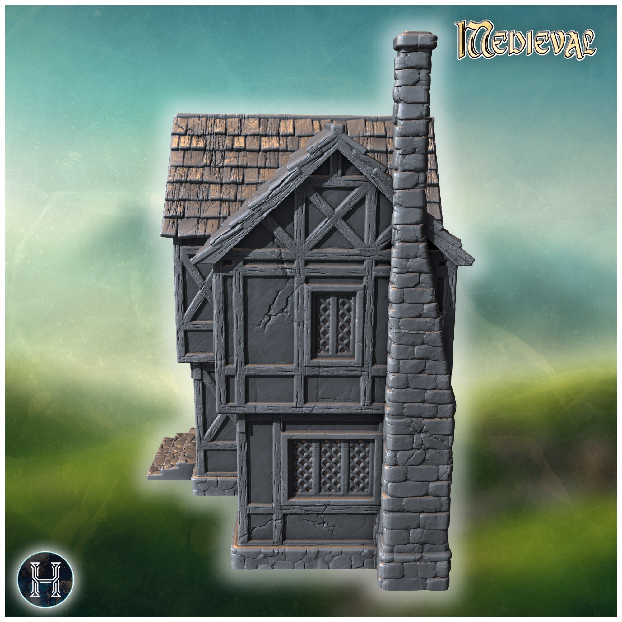 🏠 Large medieval house with wooden reinforcements, stone base, lattice ...