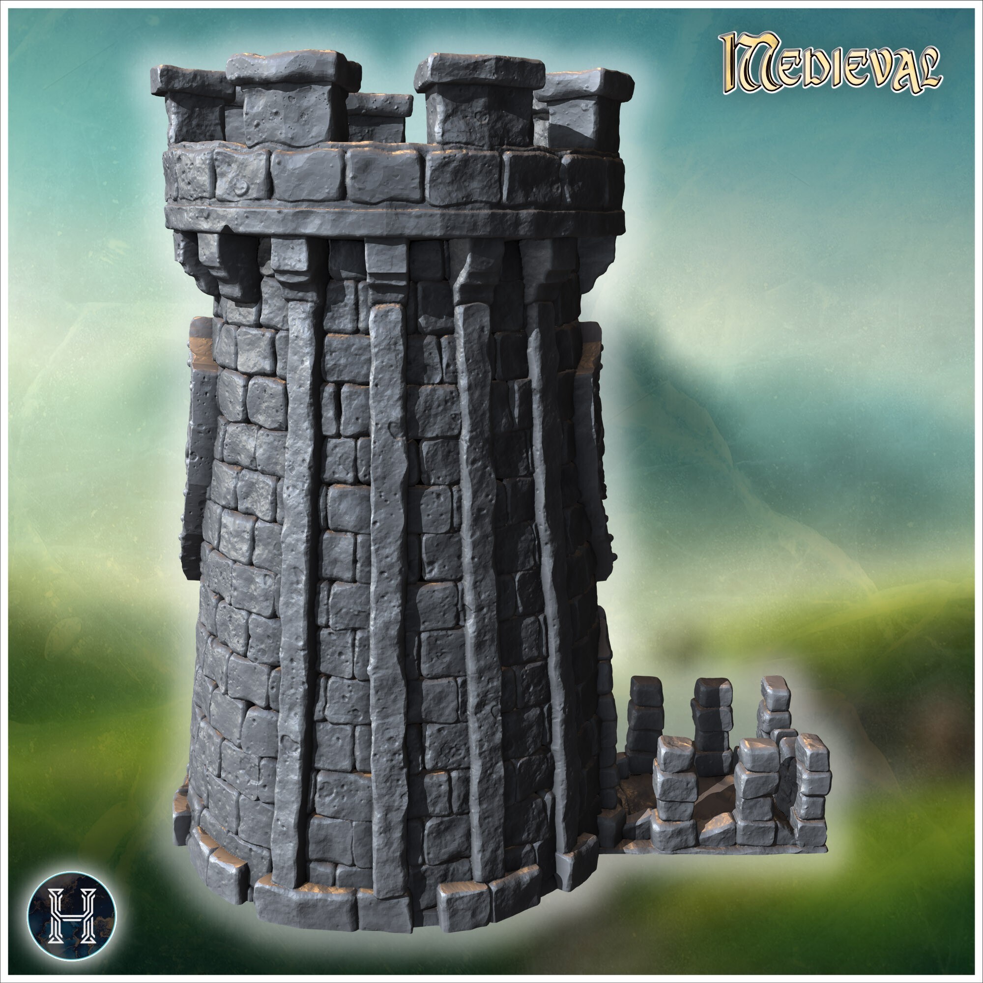 🛡️ Medieval round tower with crenelated walls, arched entrance, and ...