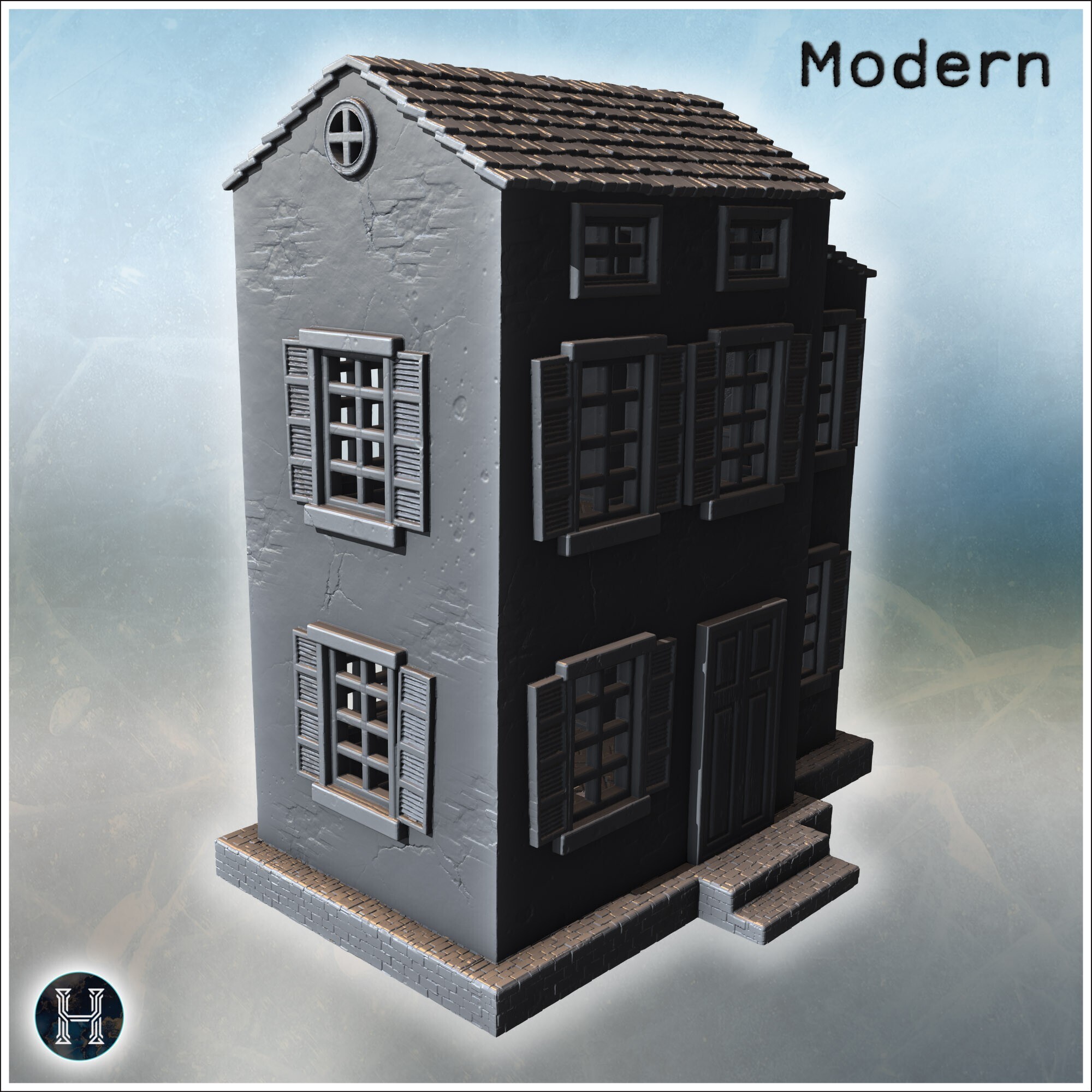 🏗️ Narrow building with tiled roof, tall windows with shutters and ...