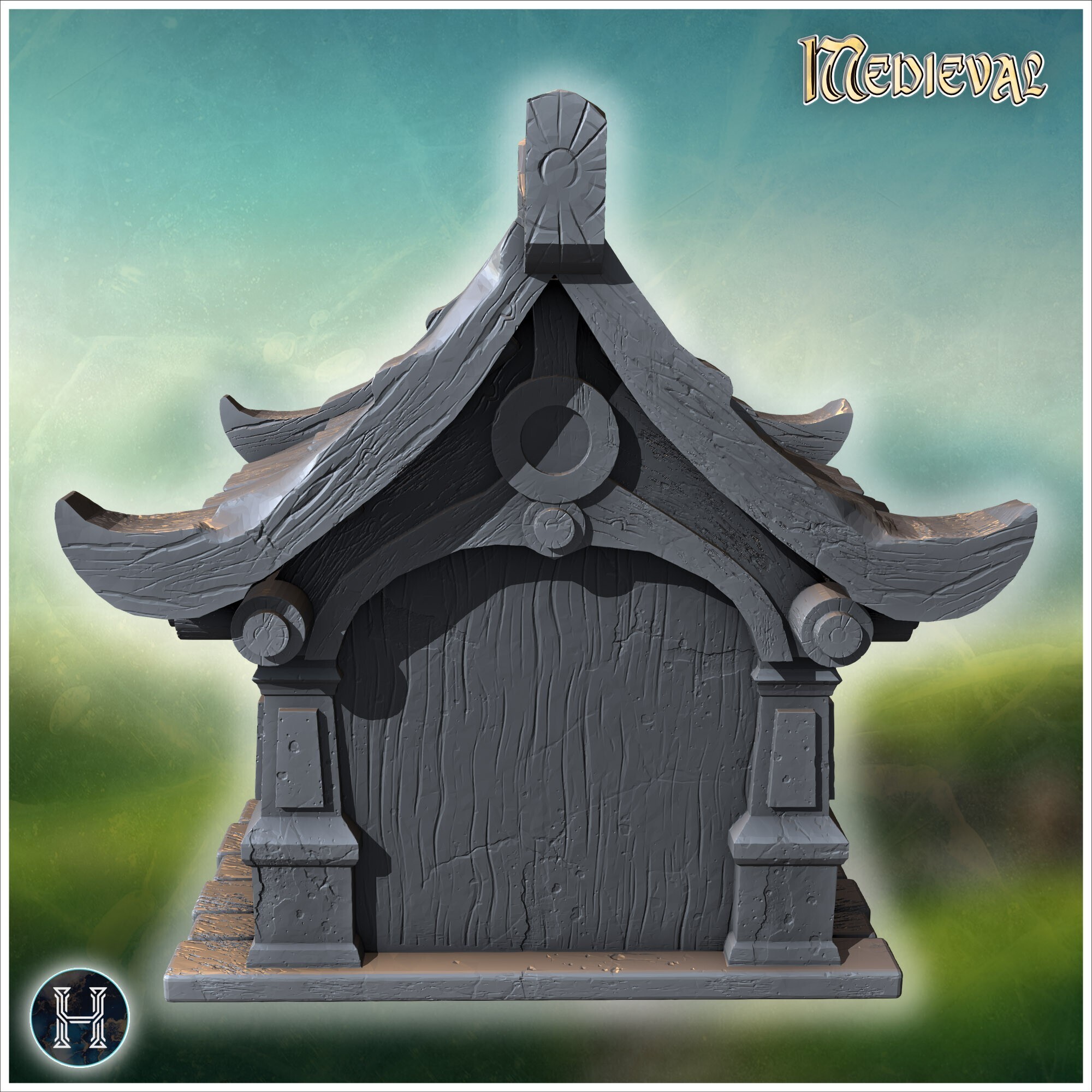 🤏 Small wooden shrine with curved tiled roof, decorative beams, and ...