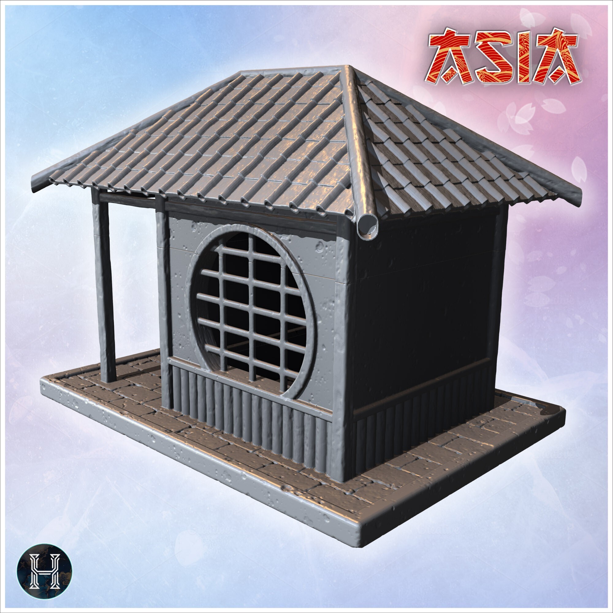 🤏 Small Asian-style pavilion with tiled roof, round window, sliding ...