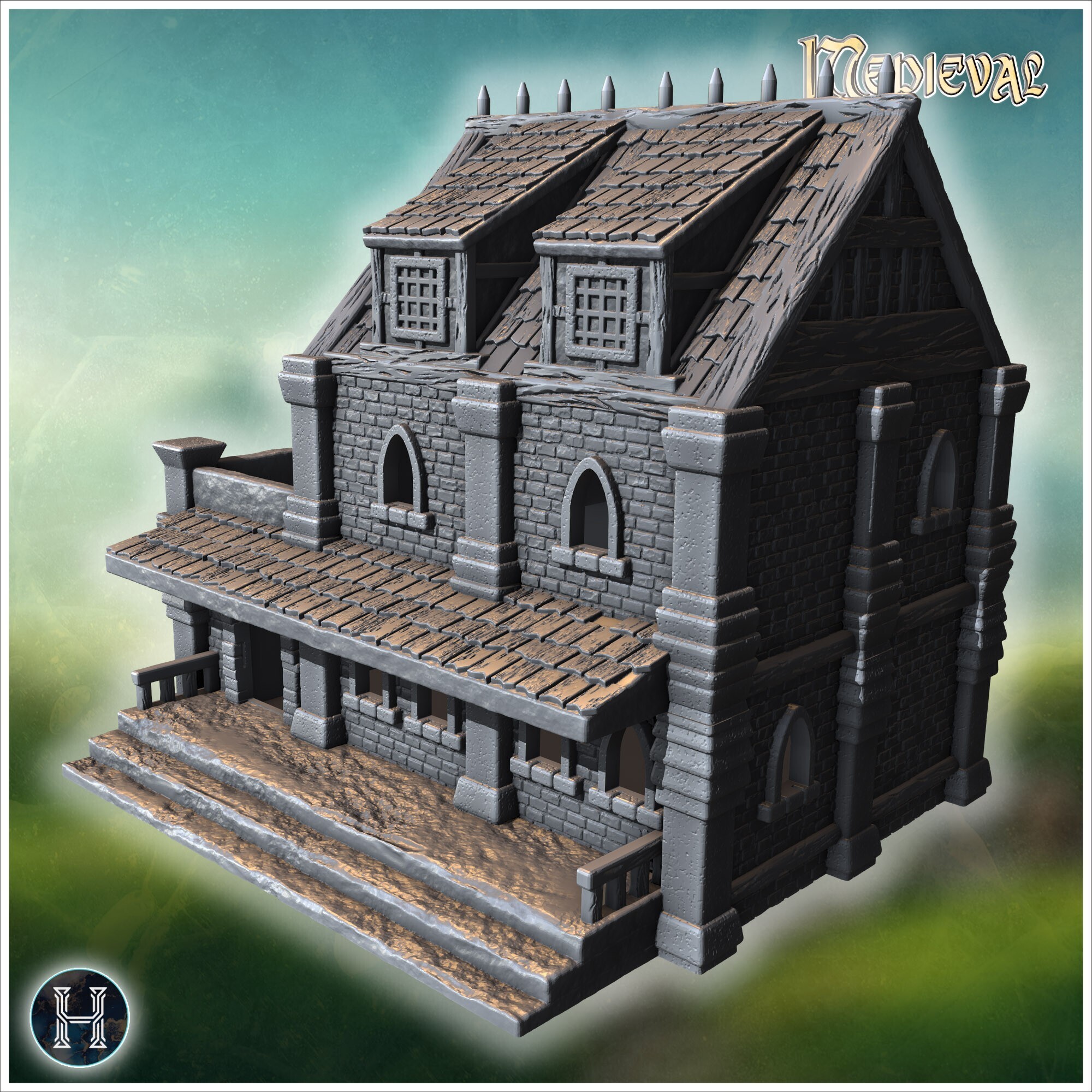 🪜 Large stone manor with a grand staircase, fortified walls, arched ...