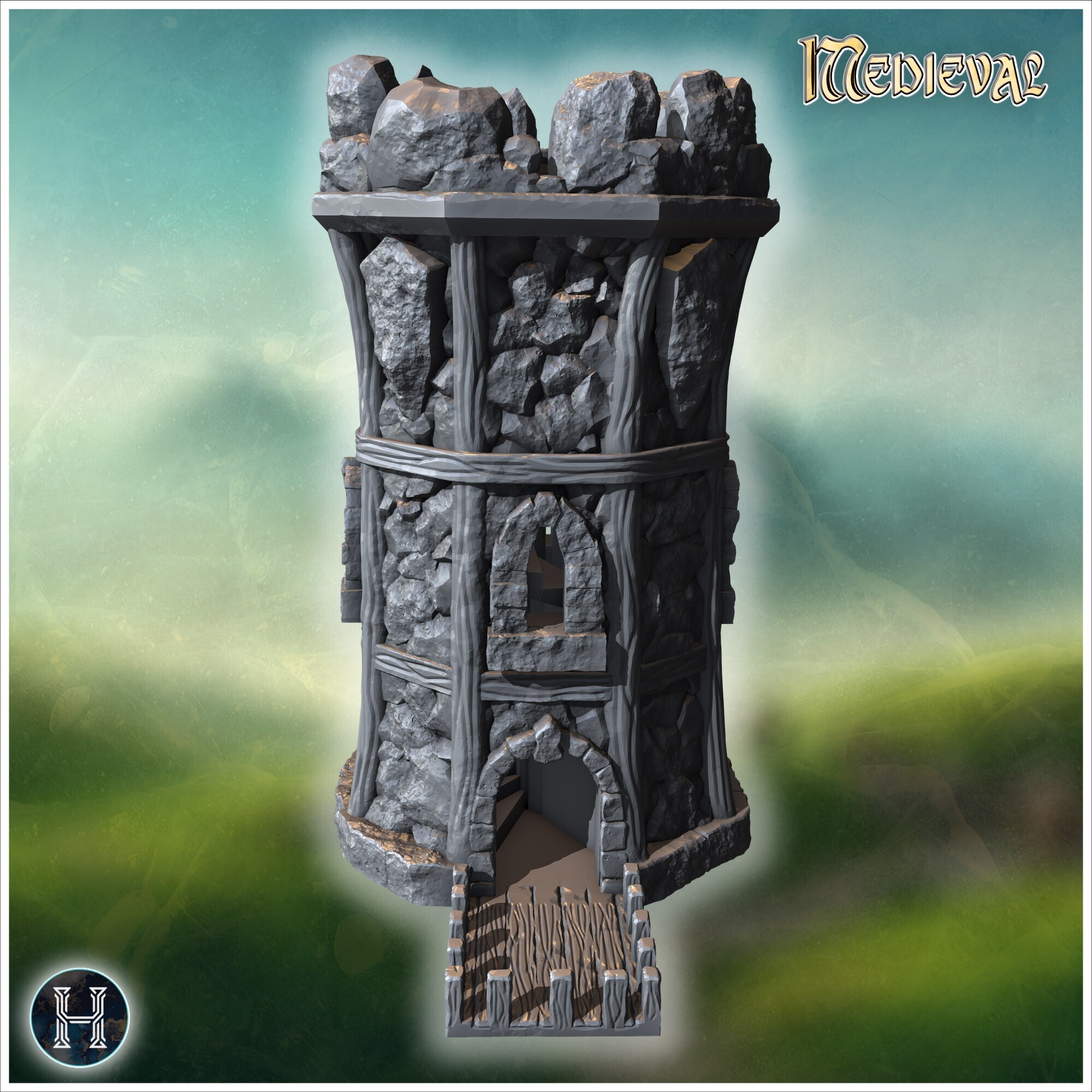 🪵 Rock-reinforced defensive tower with wooden supports, arched openings ...
