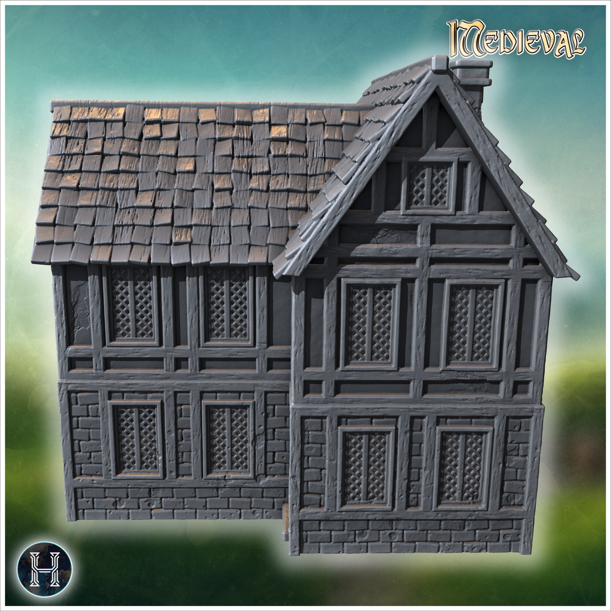 🏗️ Medieval building with large double-pitched roof, timber framing ...