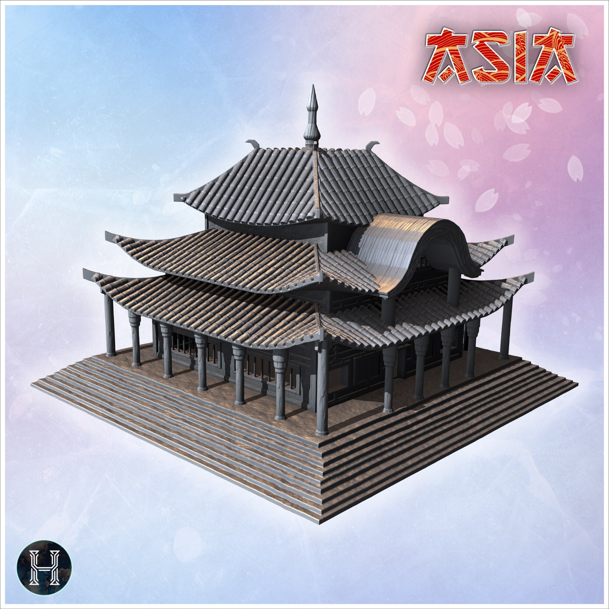 🕍 Large Asian temple with multiple curved roofs, decorative columns ...