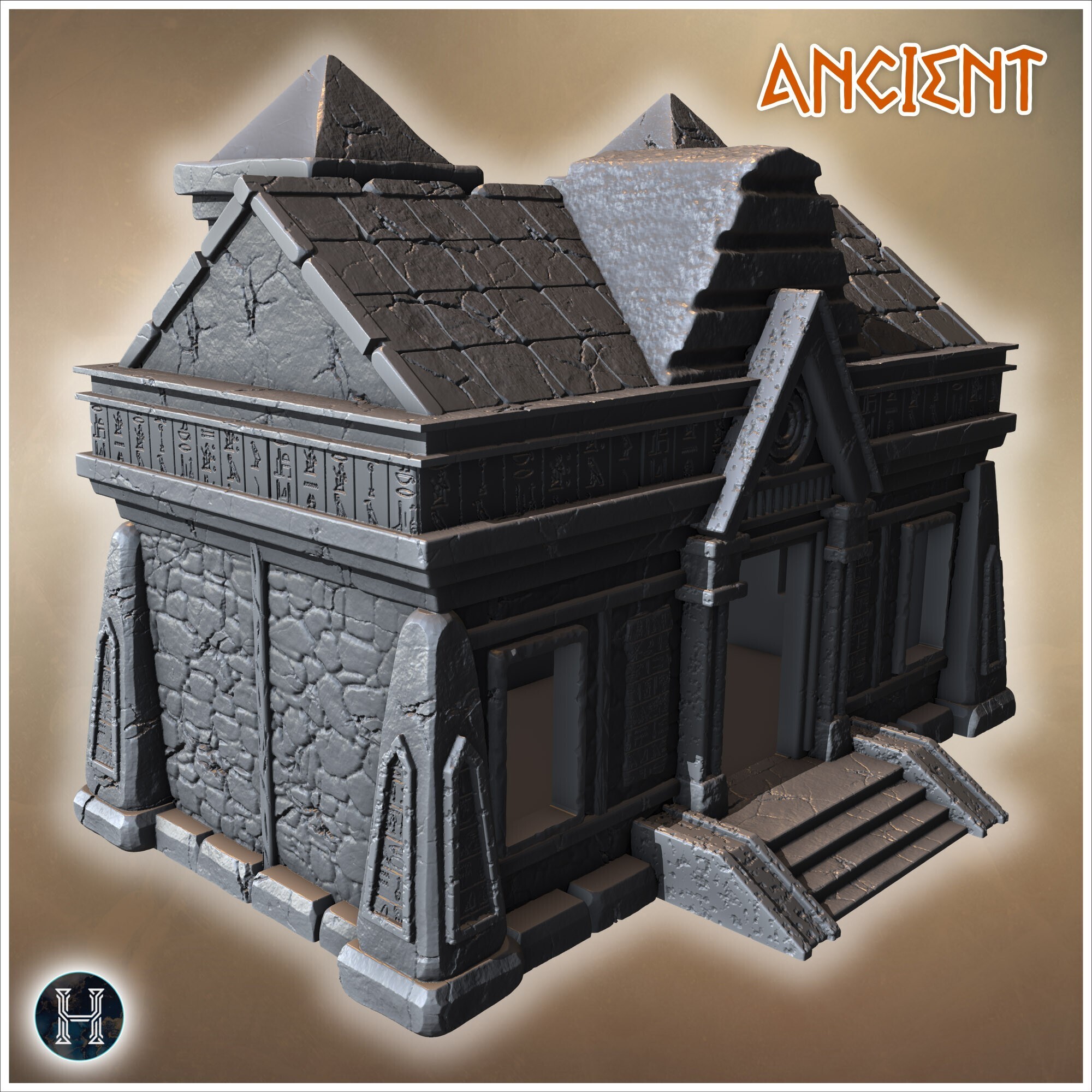 🕍 Ancient stone temple with hieroglyphic engravings, triangular ...