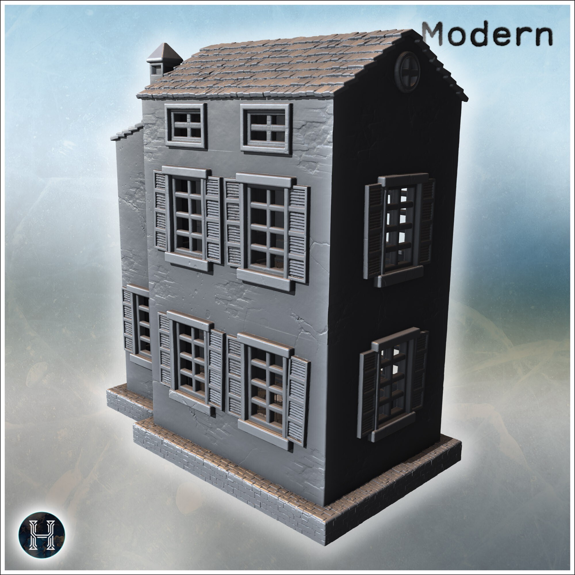 🏗️ Narrow building with tiled roof, tall windows with shutters and ...