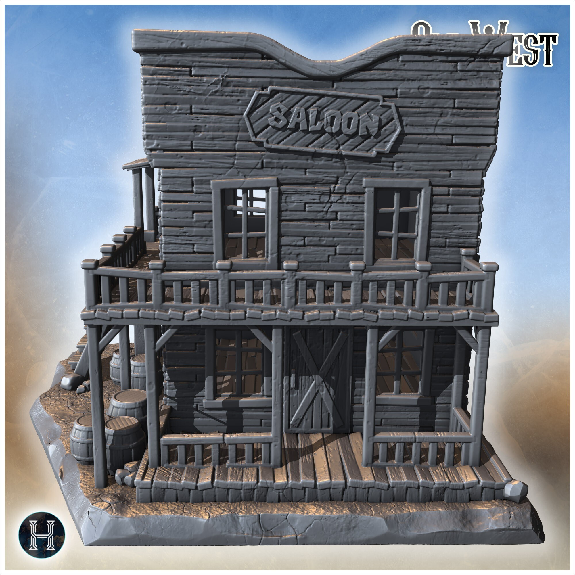 🪵 Traditional saloon with double balcony, wooden railings, swinging ...