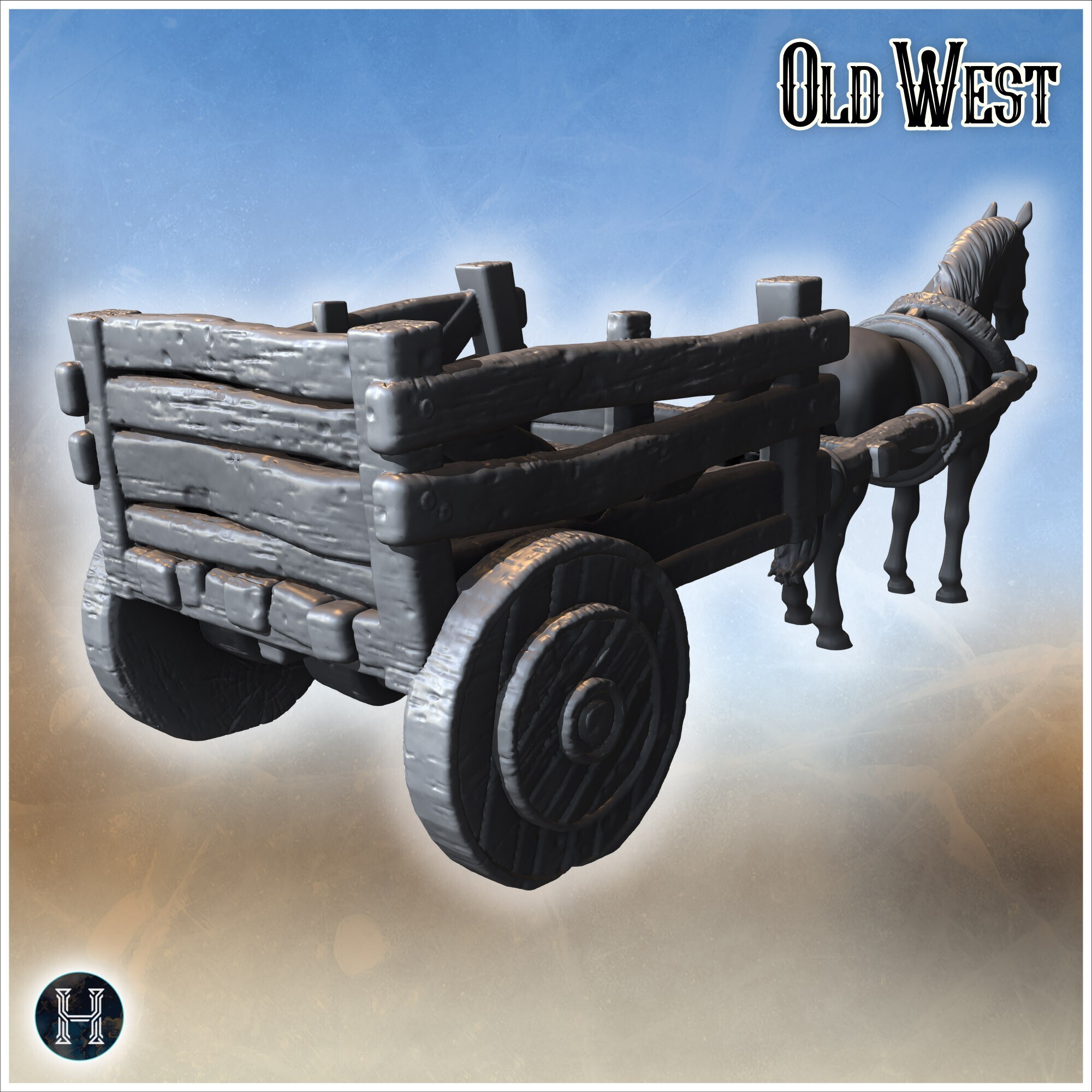 🪵 Wooden cart with thick wheels pulled by harnessed horse, complete ...