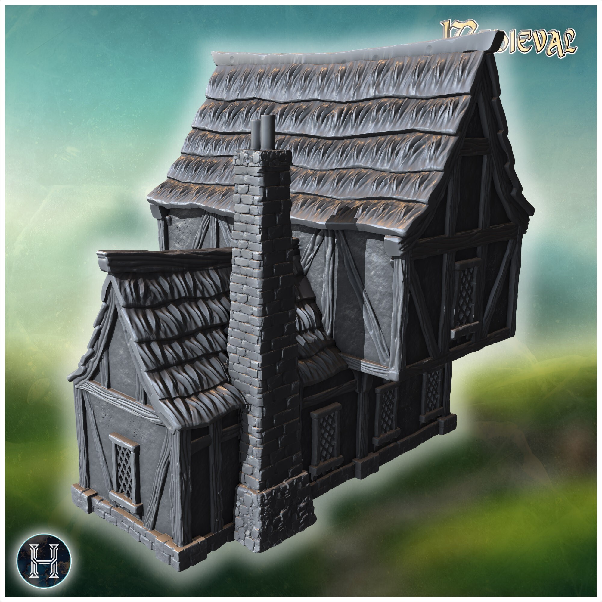 🏠 Half-timbered medieval house with thatched roof, stone chimney ...