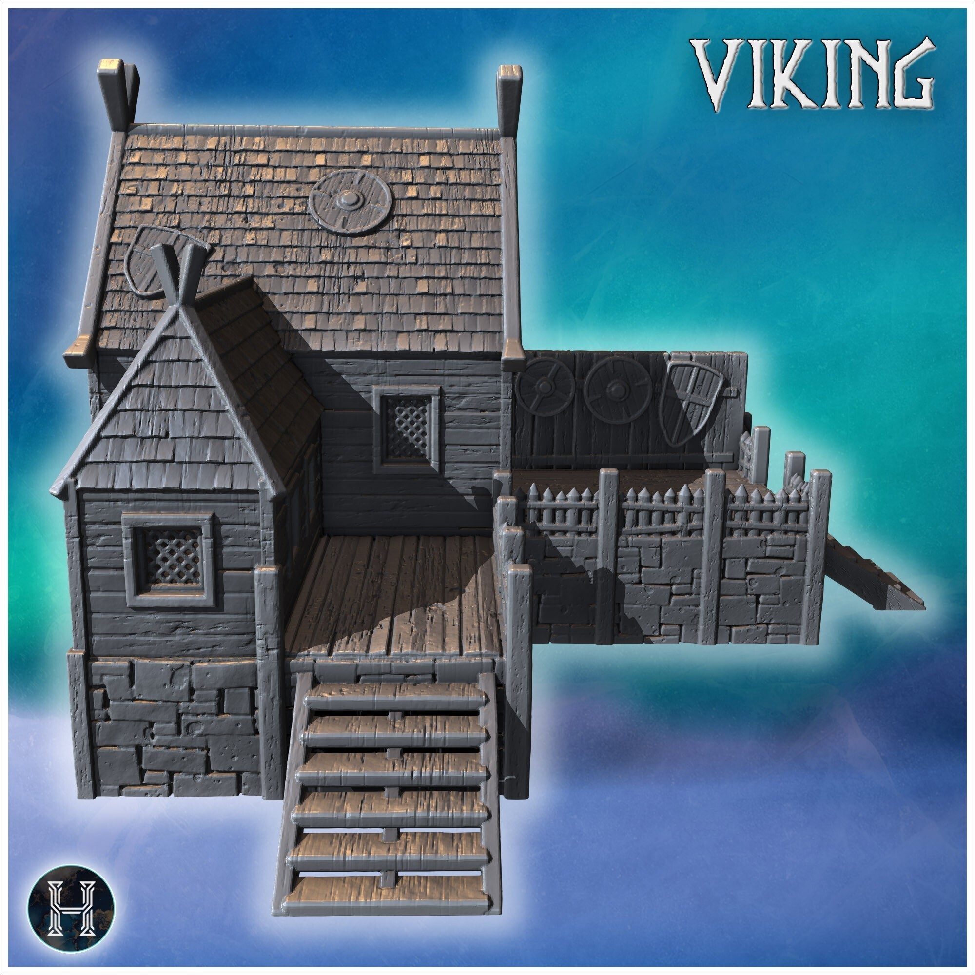 🛡️ Viking great hall with fortified walls and shield decorations (1 ...