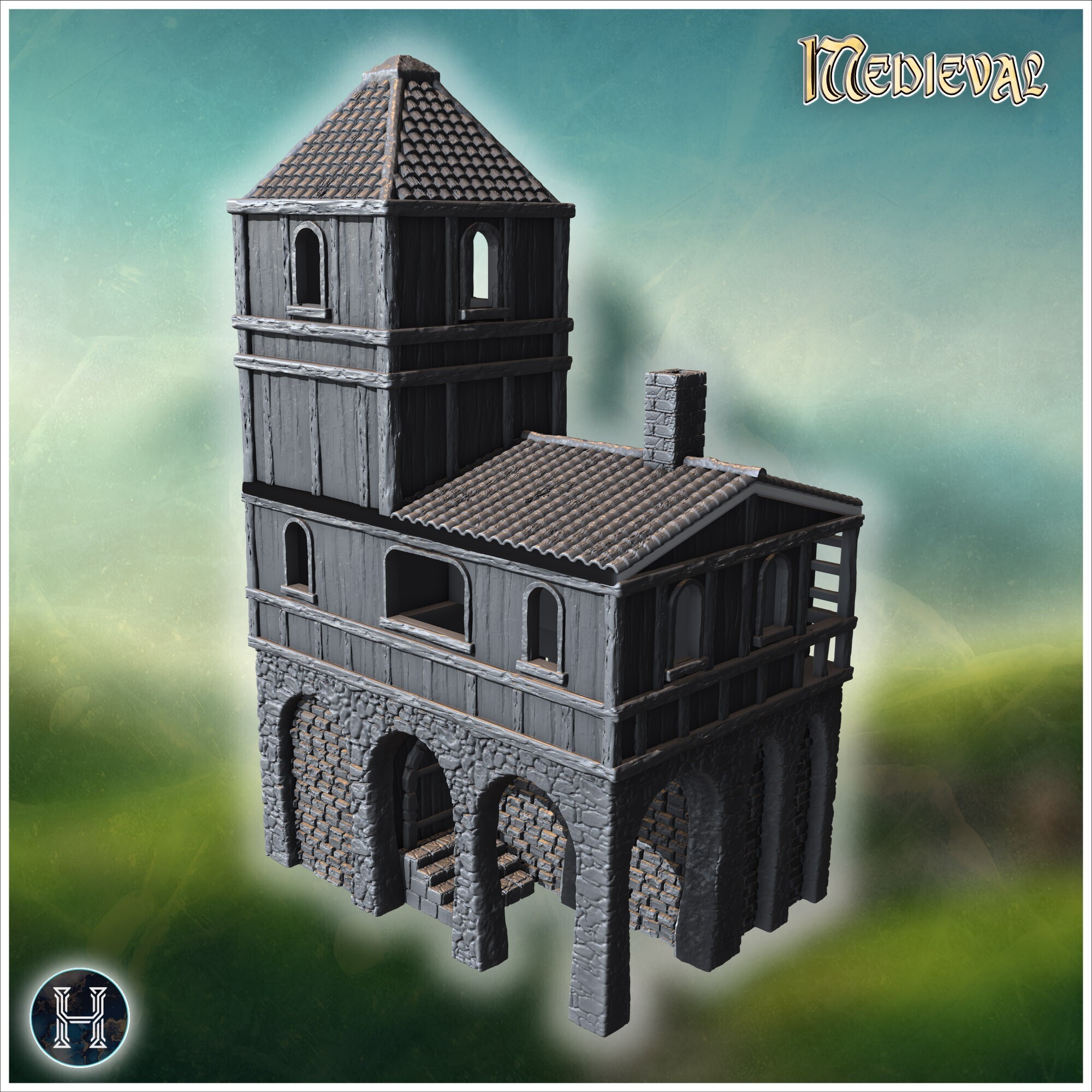 🏠 Large half-timbered house with a stone base, tiled roof, and open ...