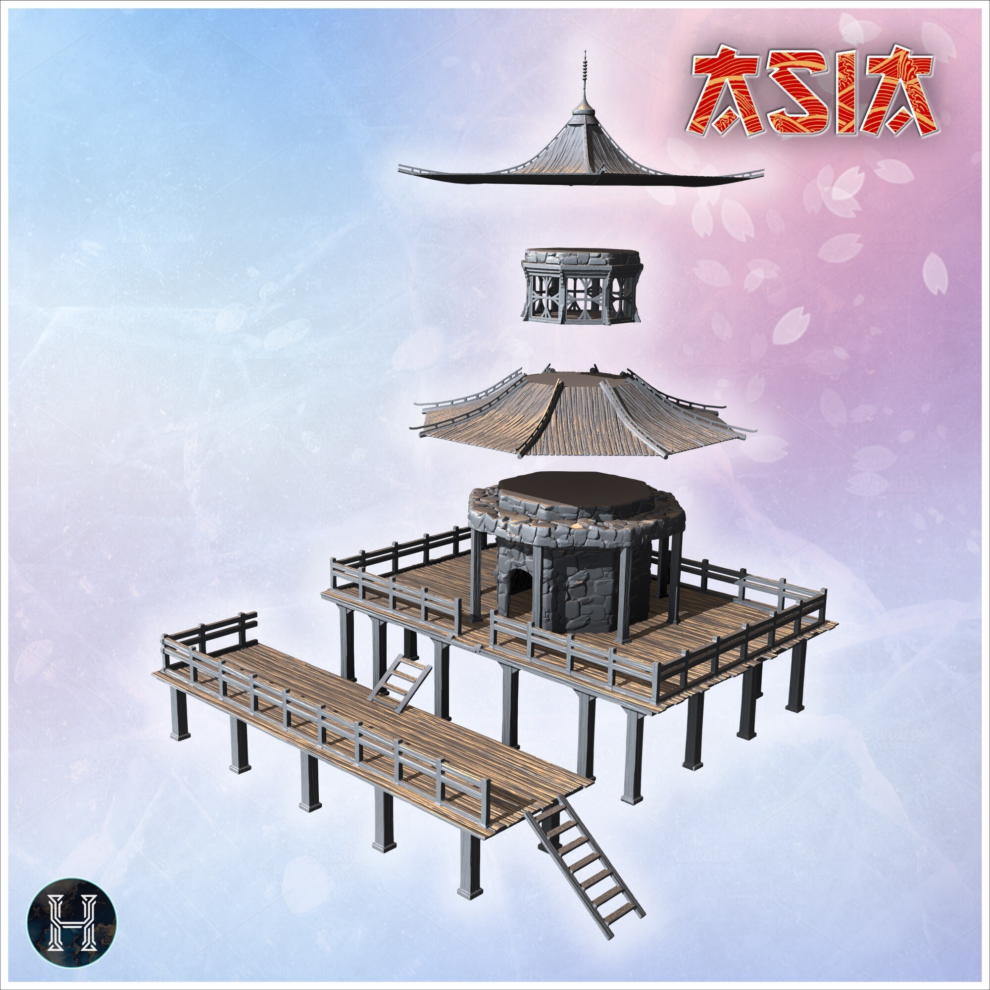 🪵 Elevated Asian pavilion featuring wide wooden decks, stairs, stone ...