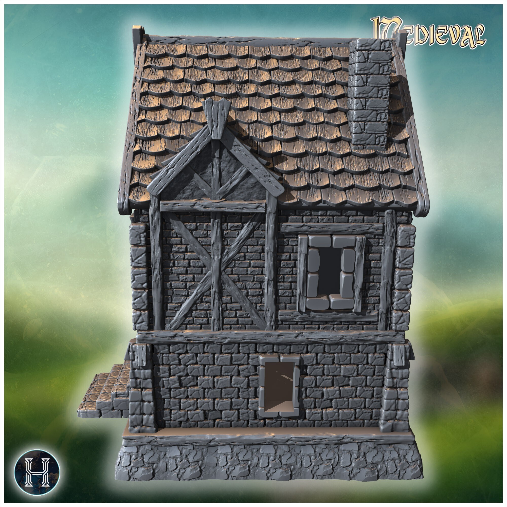 🏠 Medieval timber-framed house with stone foundation, steep gabled roof ...