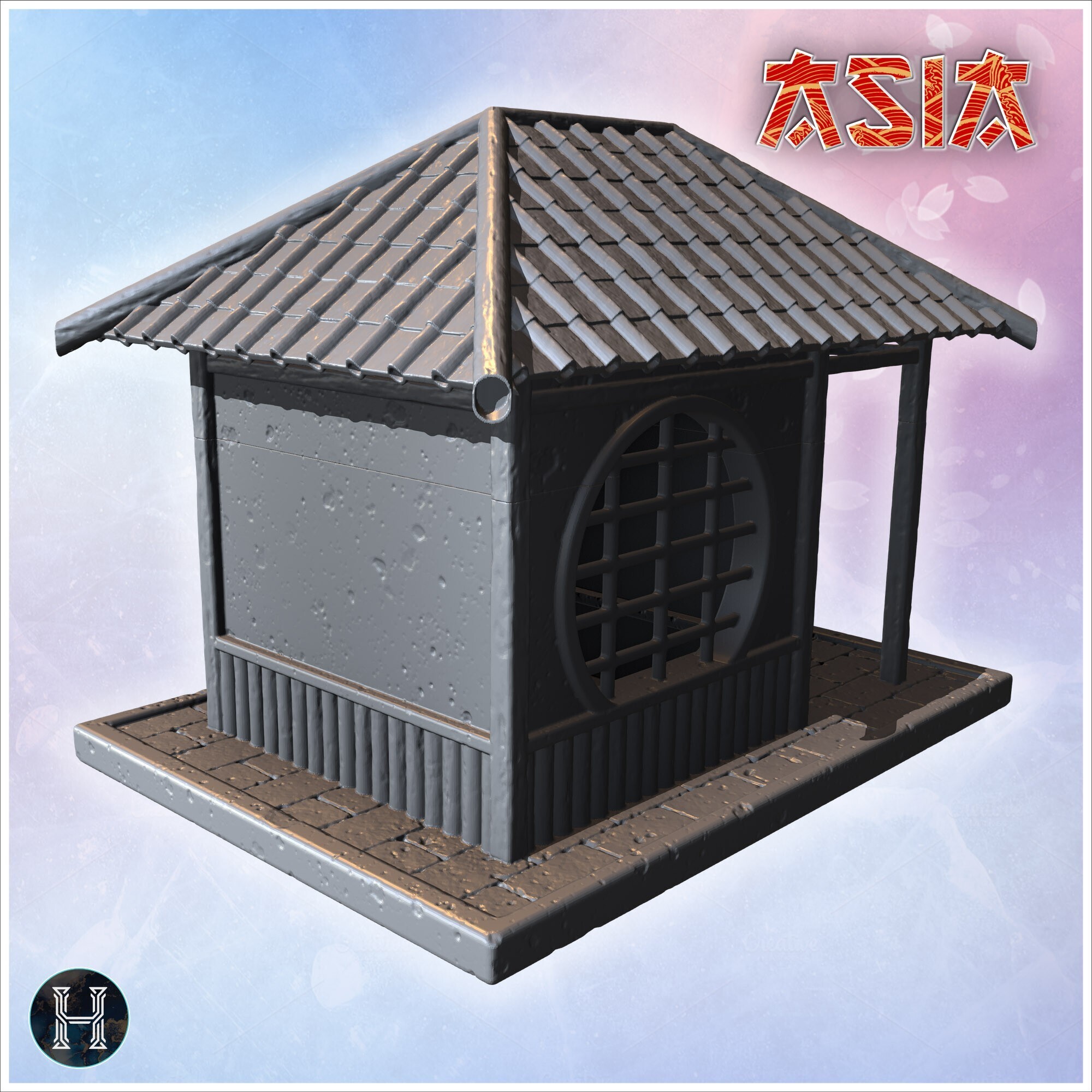 🤏 Small Asian-style pavilion with tiled roof, round window, sliding ...