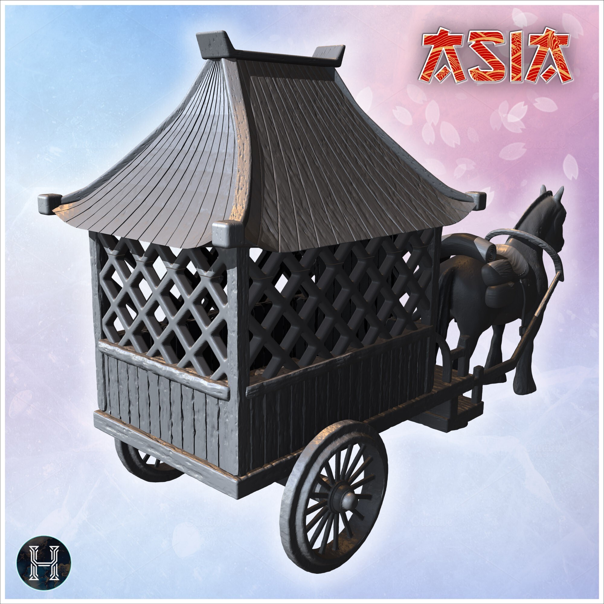 🪵 Asian horse-drawn wooden carriage featuring decorative lattice sides ...