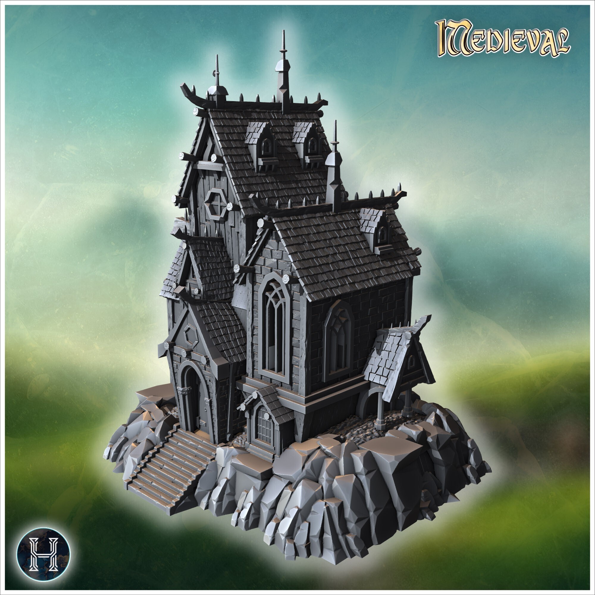 🏠 Gothic house with spiked roofs, tall windows, and intricate ...