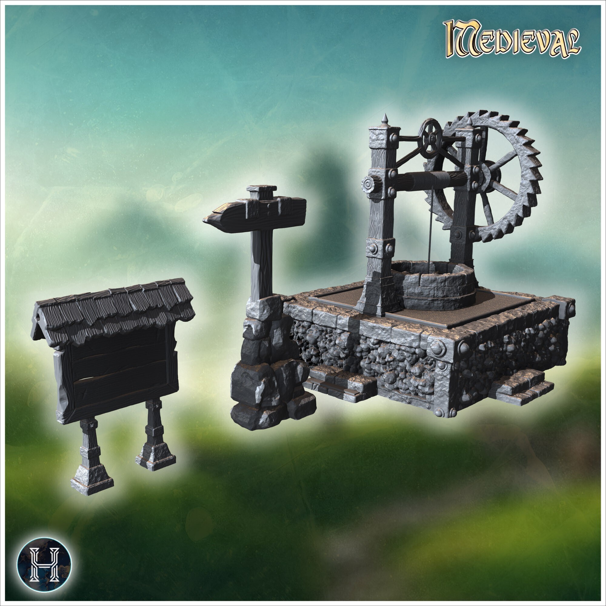 🪵 Medieval village set with well, signpost, and wooden notice board (8 ...