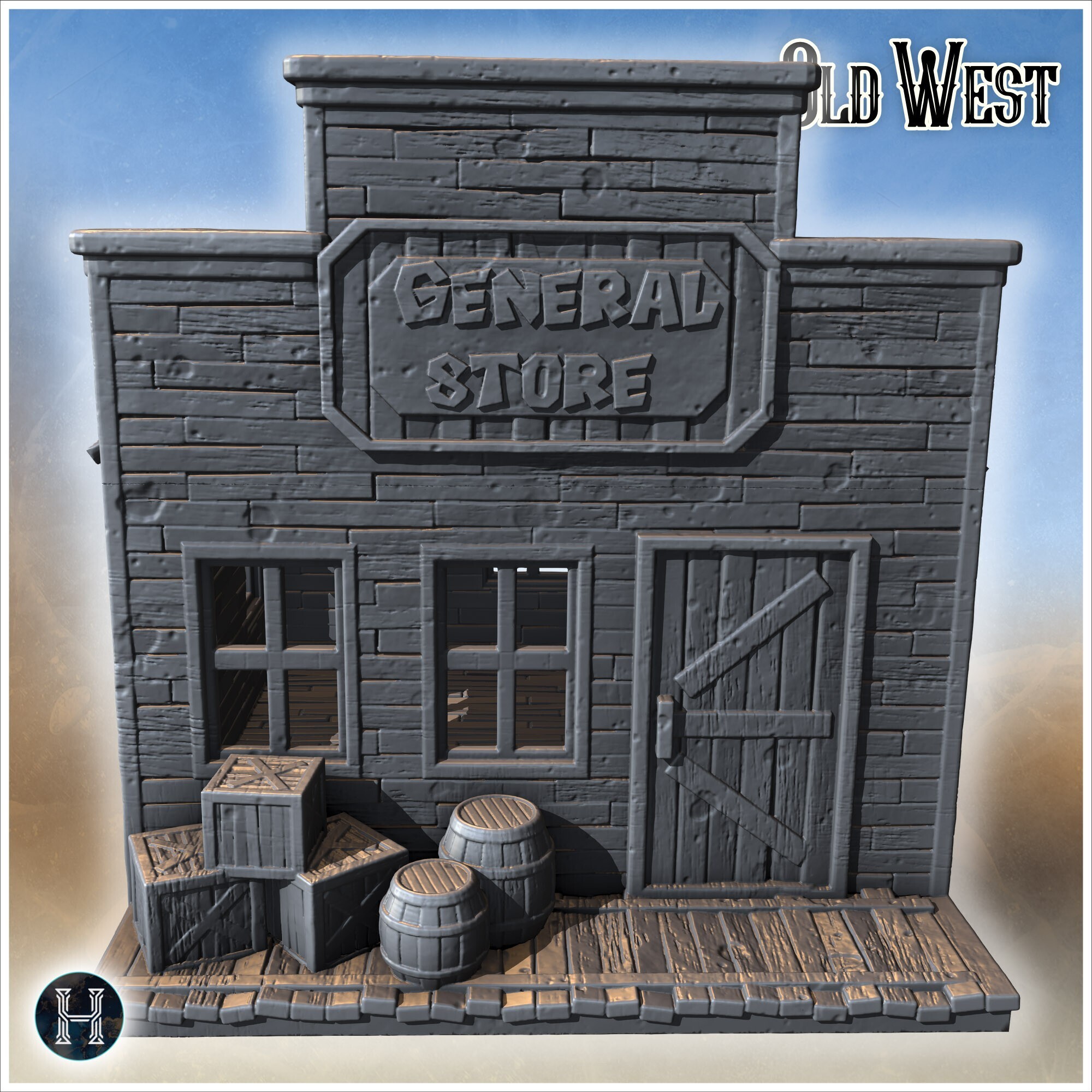🚪 General store with barrels, crates, signboard above door and ...