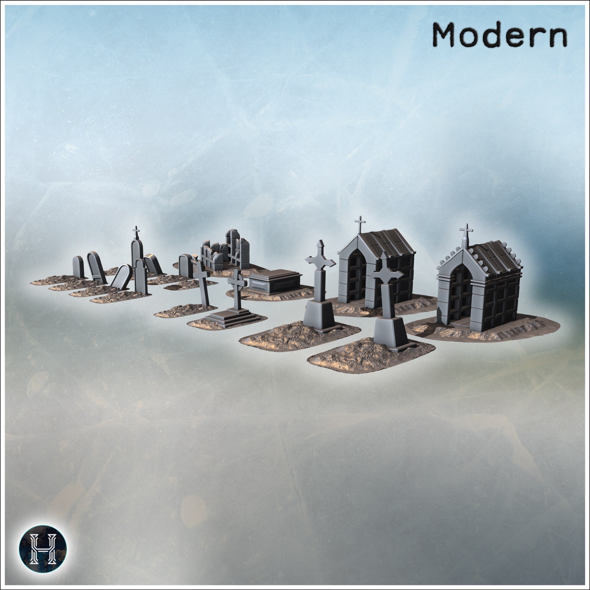 🤏 Assortment of cemetery elements with leaning headstones, weathered ...