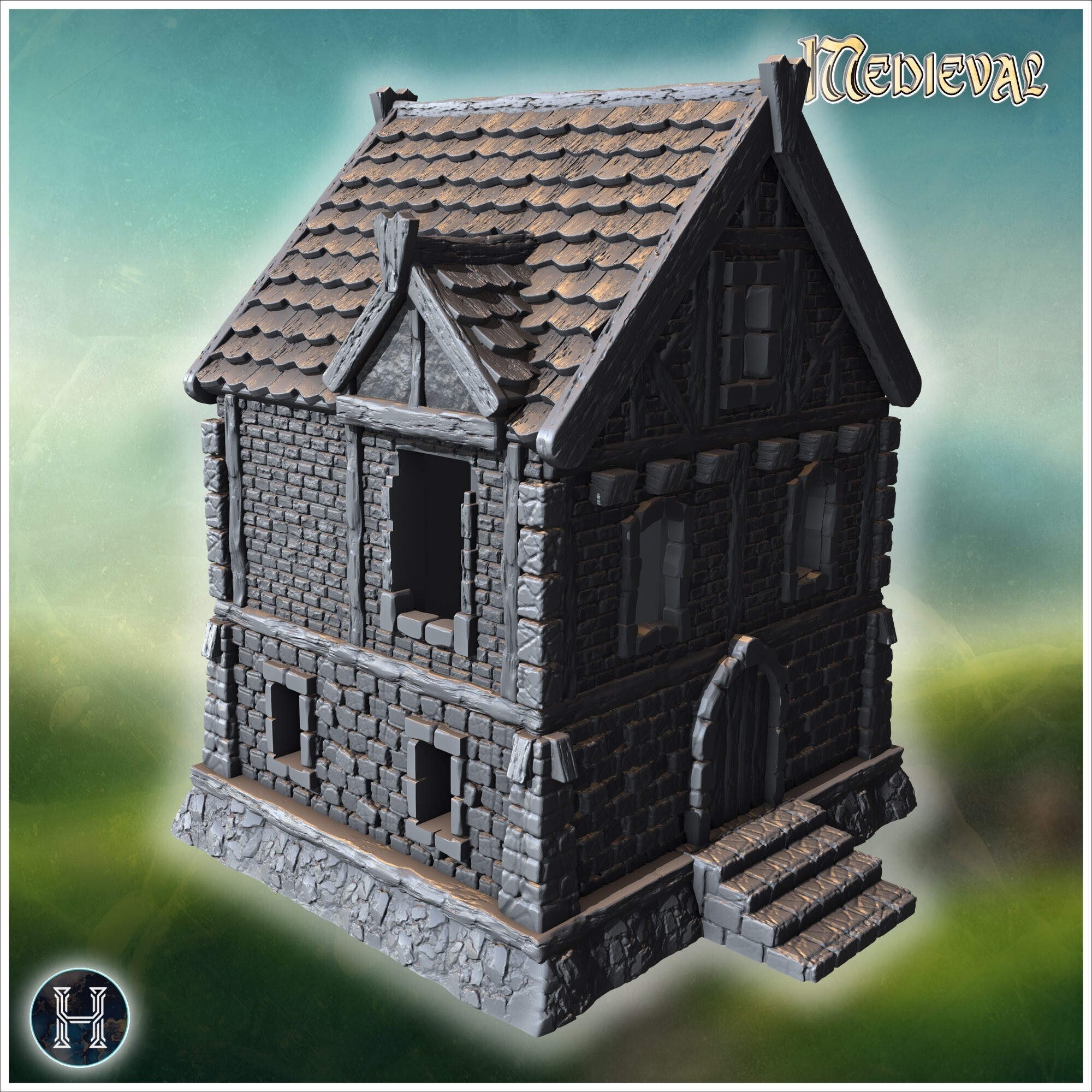 🏠 Medieval timber-framed house with stone foundation, steep gabled roof ...