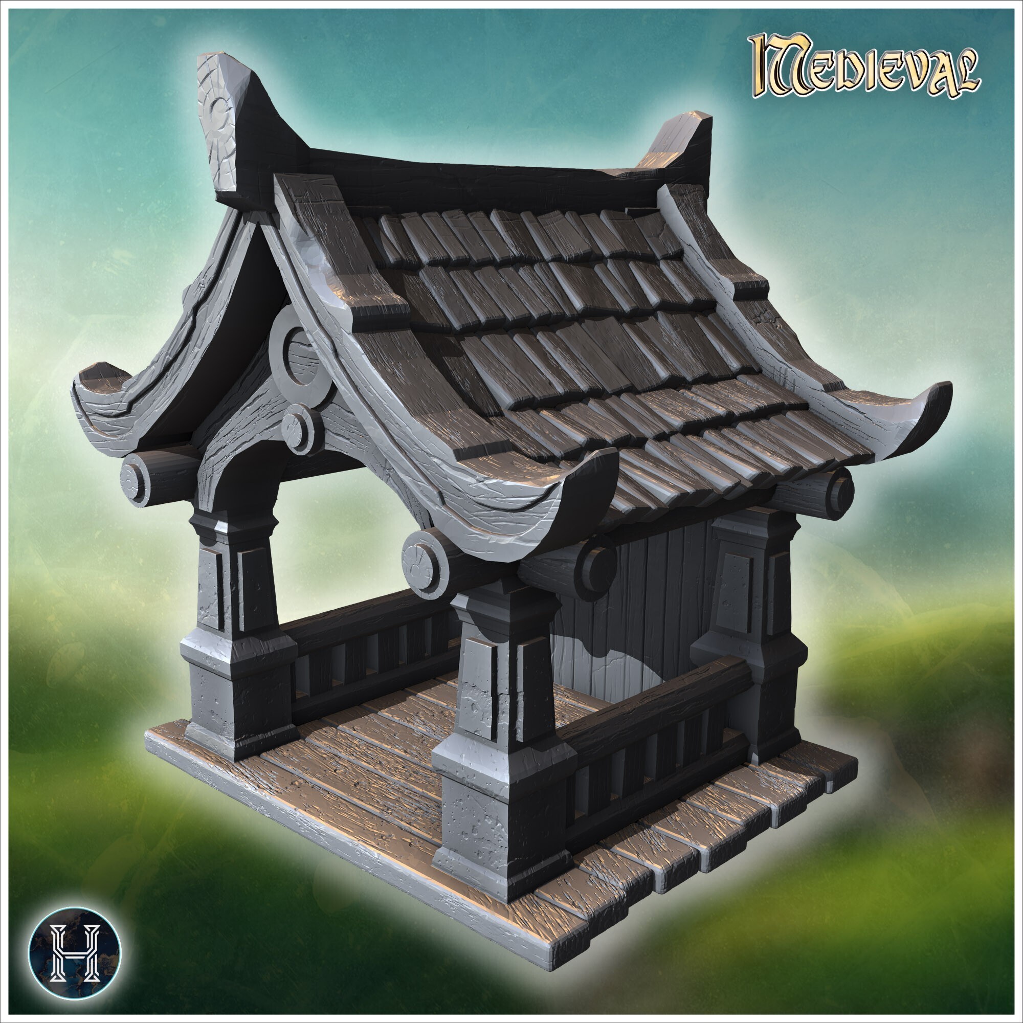 🤏 Small wooden shrine with curved tiled roof, decorative beams, and ...