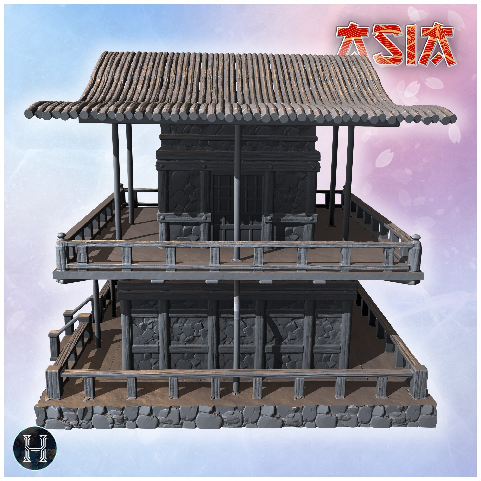 🪵 Two-story Asian-style watchtower with balconies, curved roof, stone ...