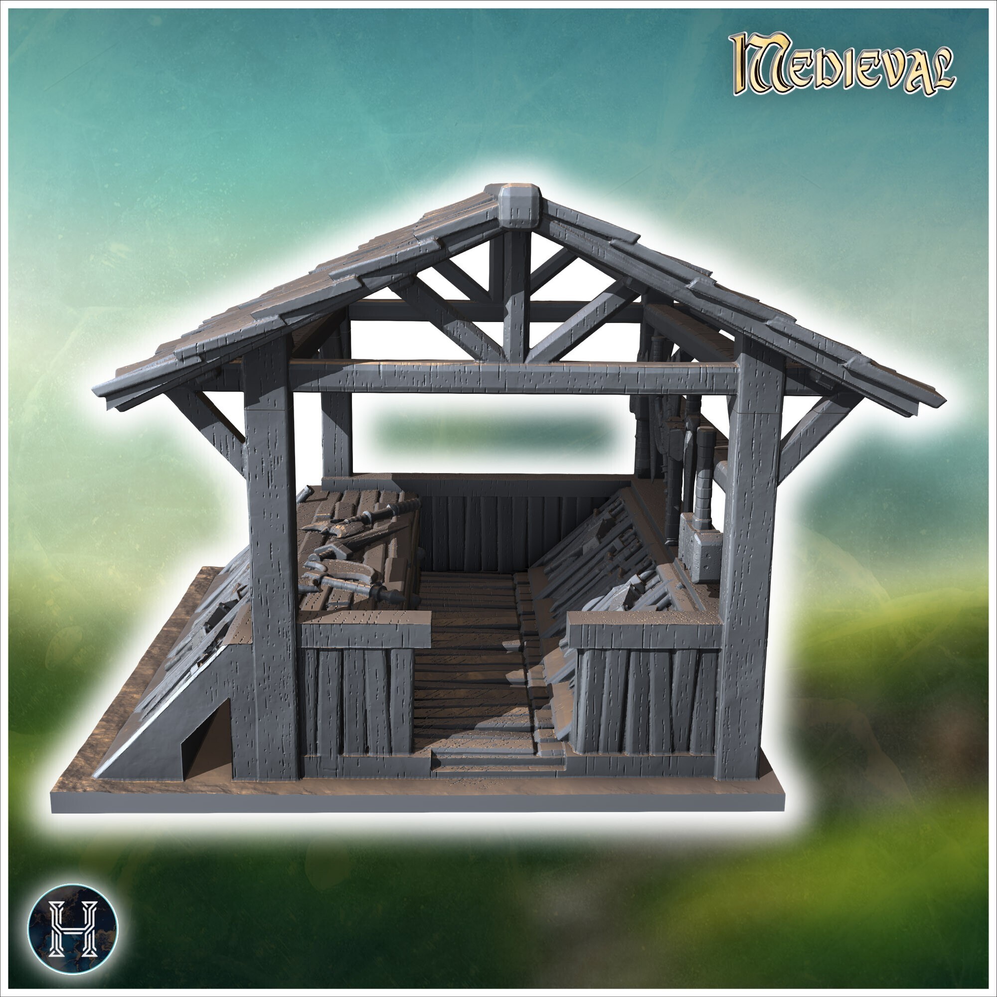 🪵 Open wooden market stall with a slanted roof, display shelves, and ...