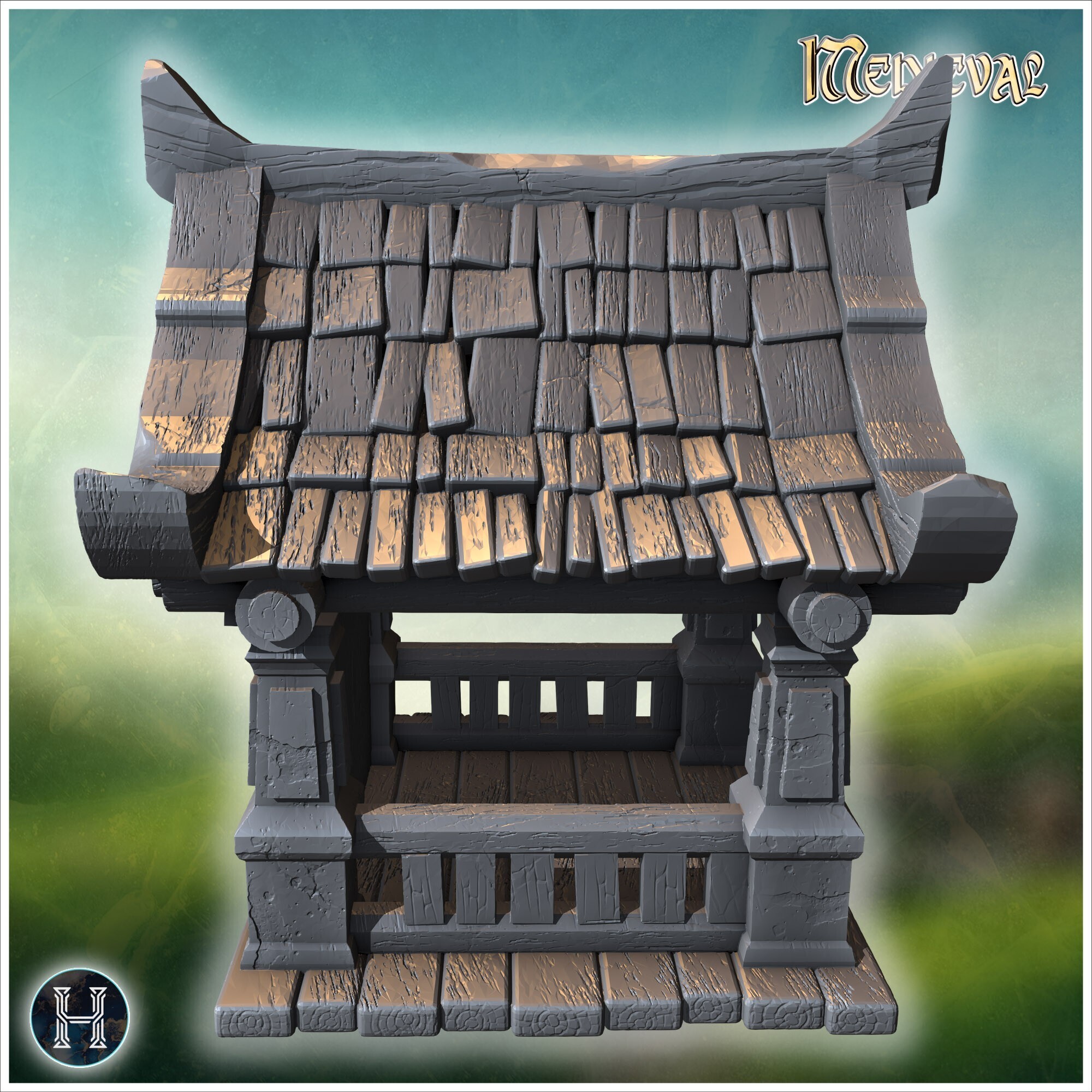 🤏 Small wooden shrine with curved tiled roof, decorative beams, and ...