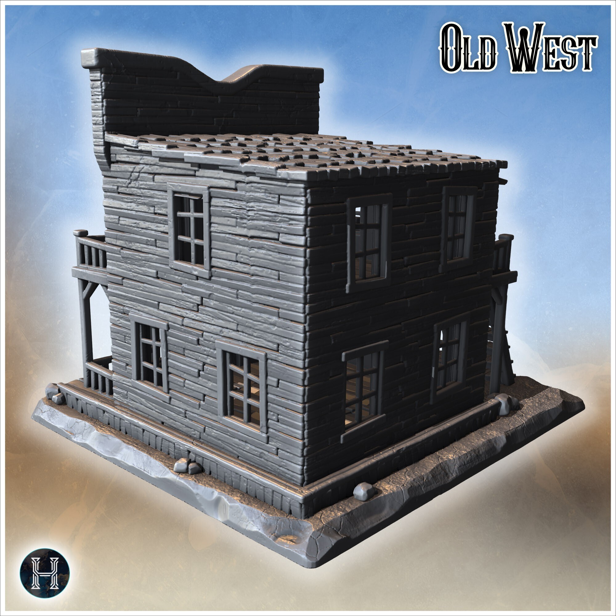 🪵 Traditional saloon with double balcony, wooden railings, swinging ...