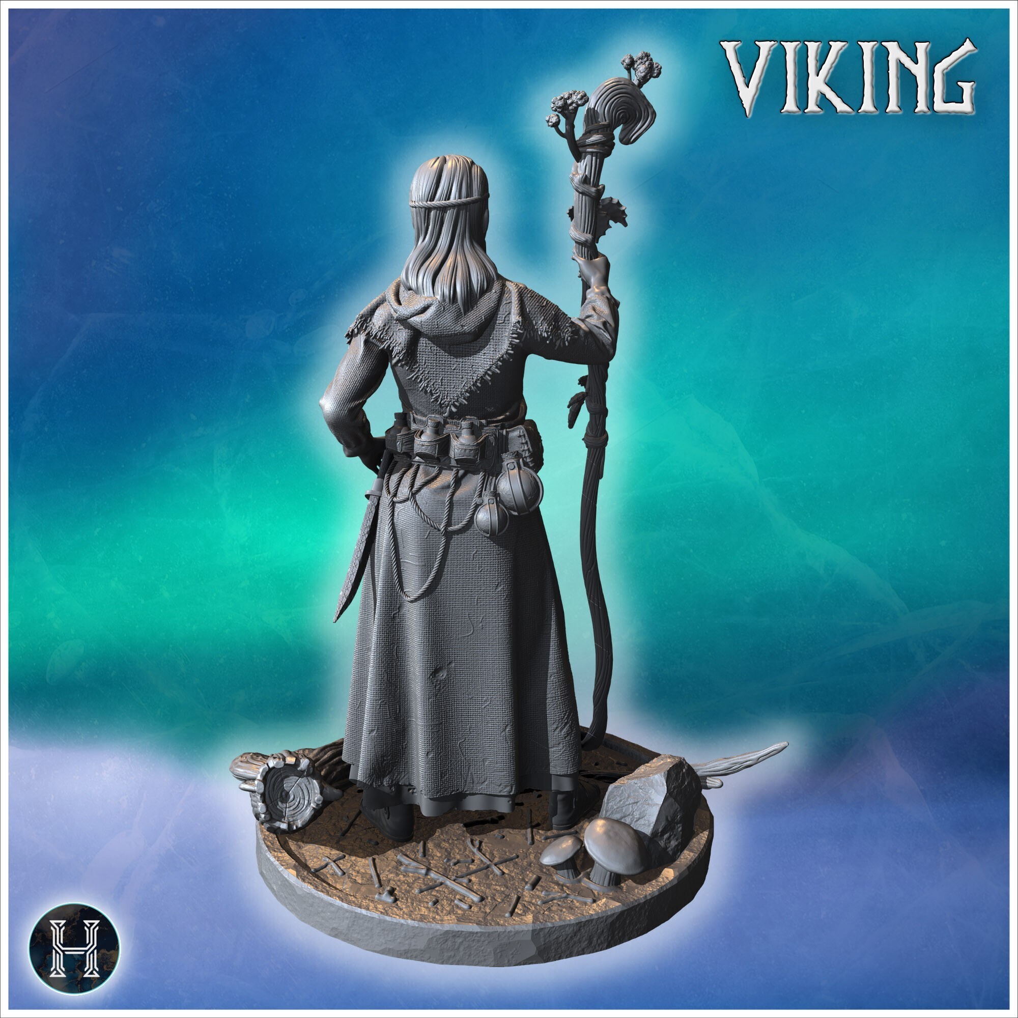 🧝 Calm elven druid stands on decorated base, gripping ornate staff ...