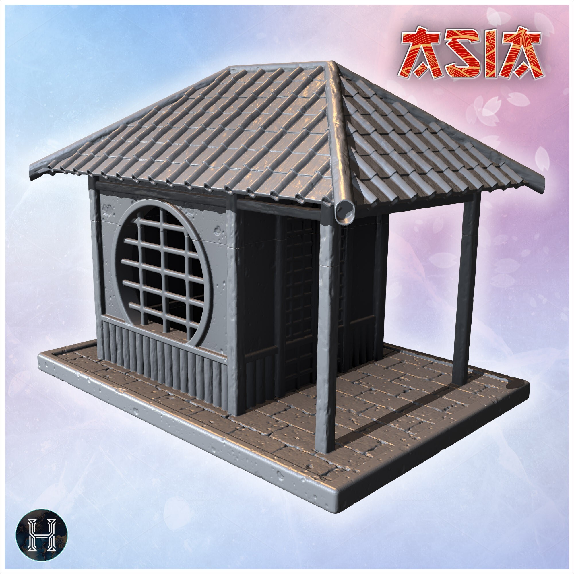 🤏 Small Asian-style pavilion with tiled roof, round window, sliding ...