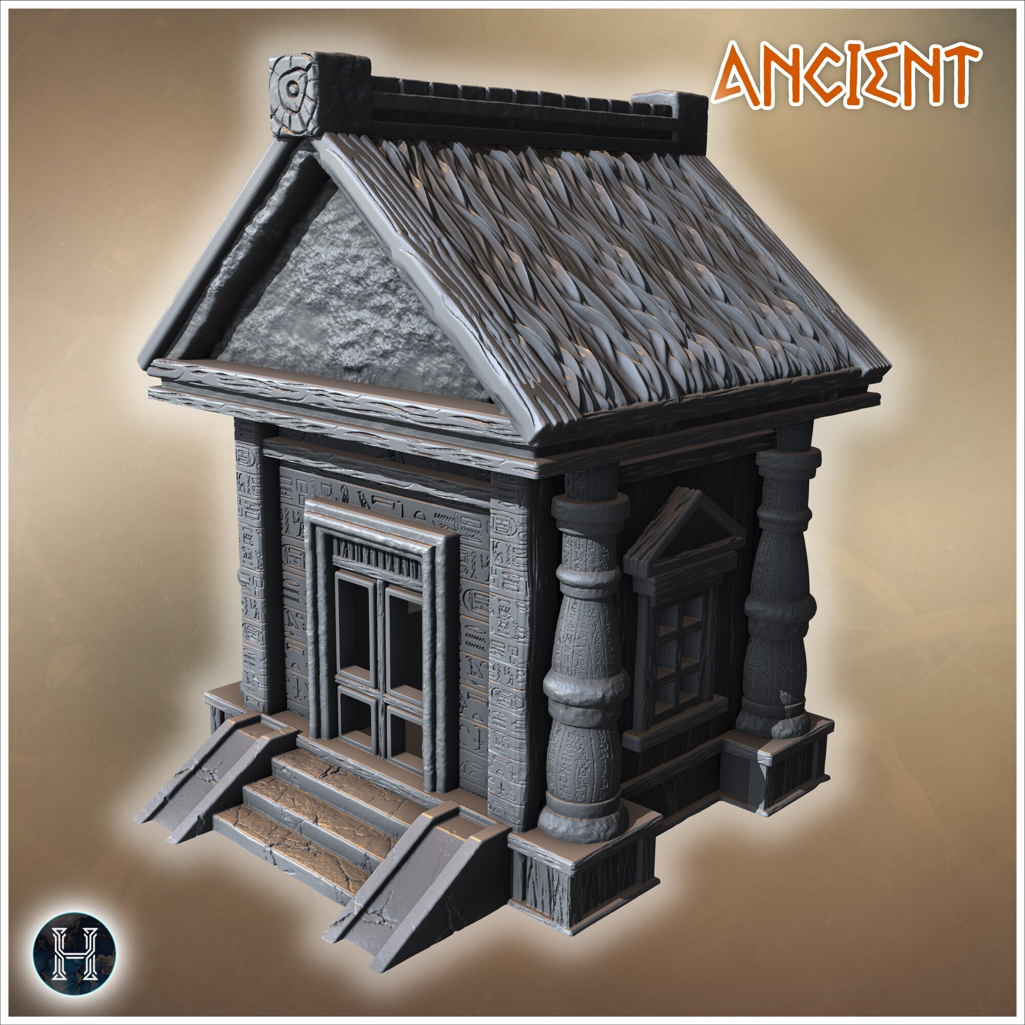 🤏 Small temple with carved wooden pillars, thatched roof, and ...
