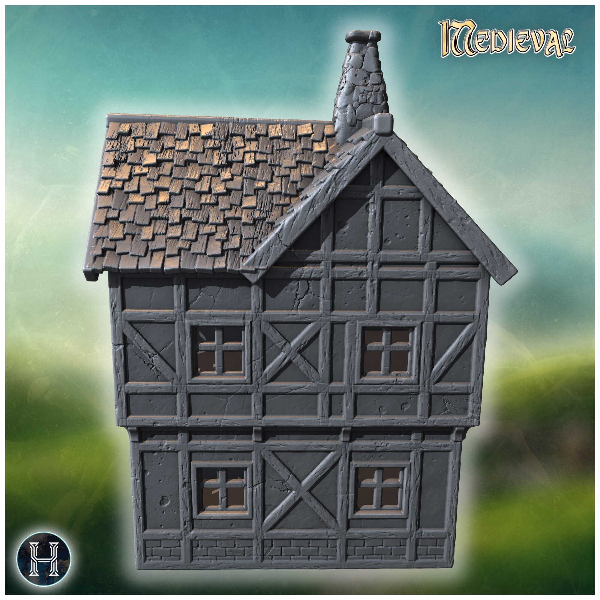 🏠 Corner medieval house with timber-framed structure, stone chimney ...