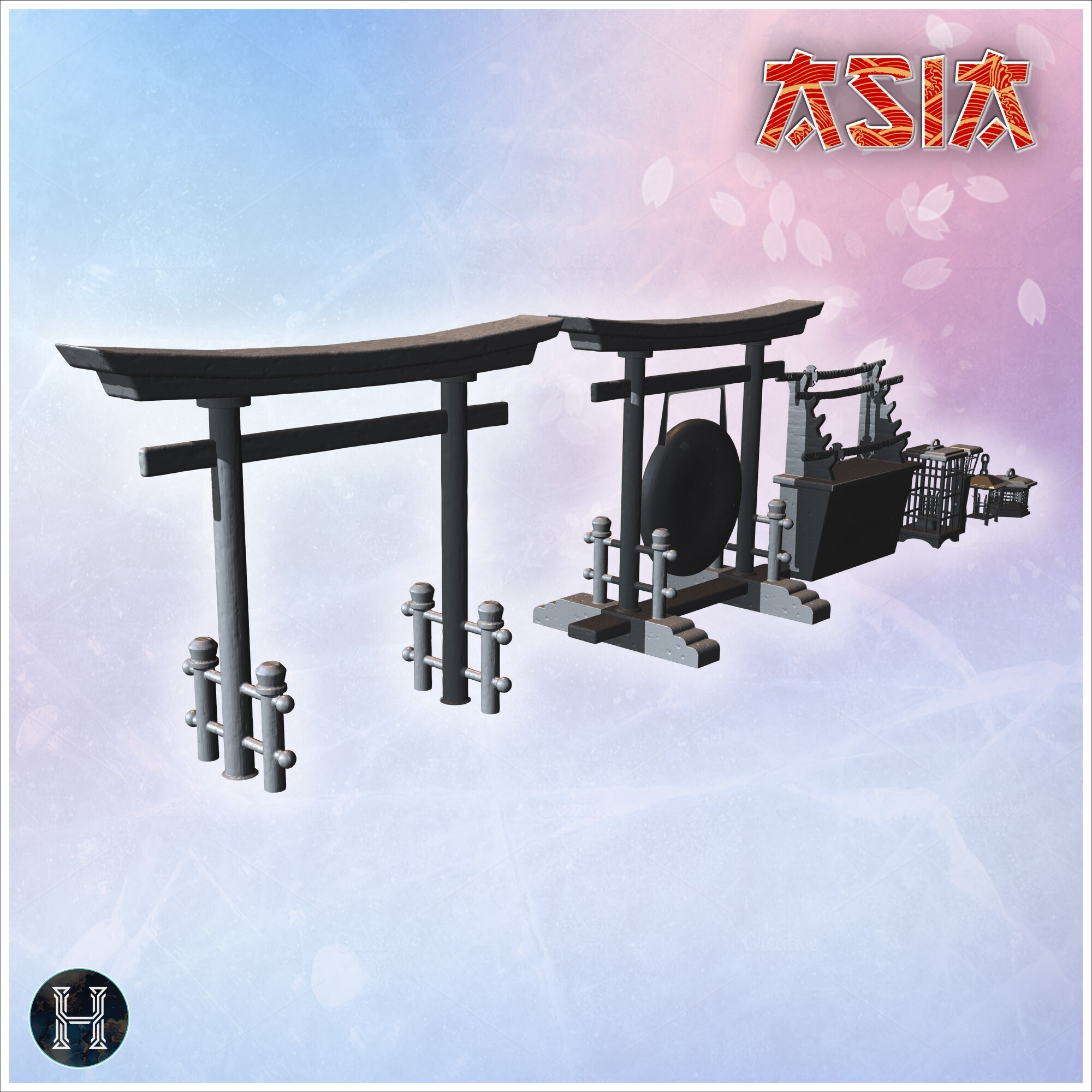 🗡️ Asian-style decorative gates, large hanging gong, sword stand and ...
