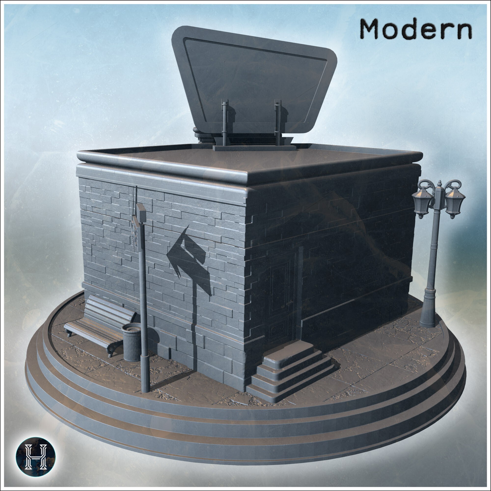 🗺️ Vintage-style diner with a large rooftop sign, steps leading to a ...