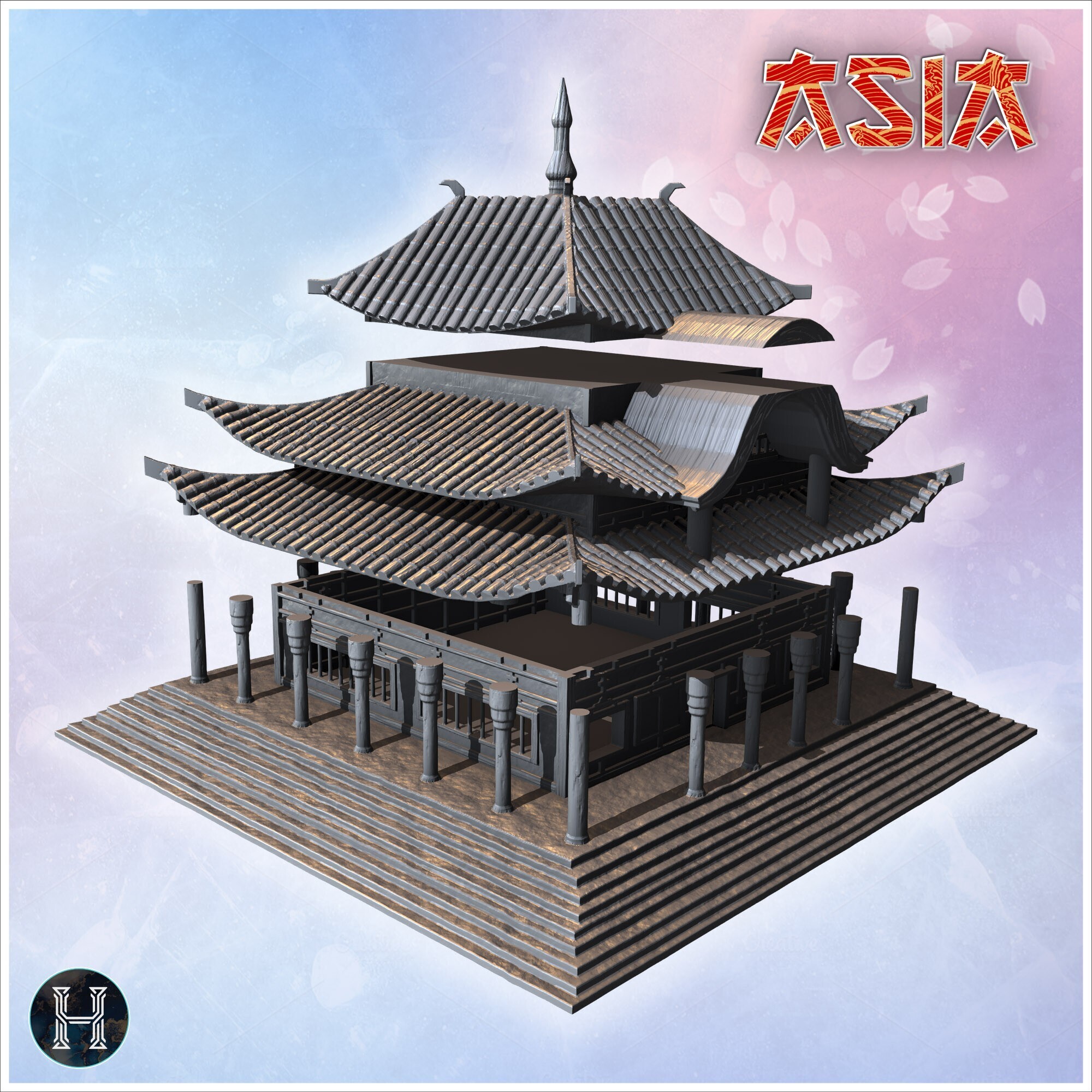 🕍 Large Asian temple with multiple curved roofs, decorative columns ...