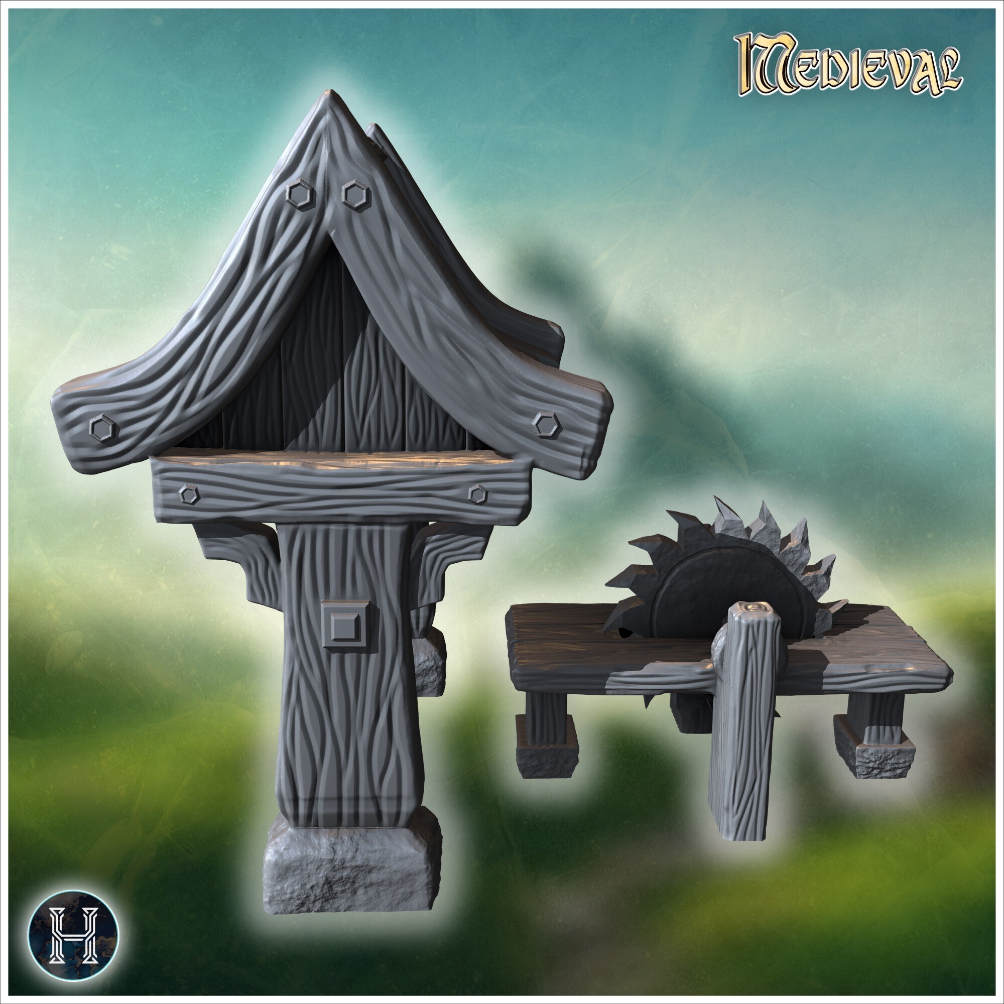 🪚 Medieval carpenter workshop with roofed saw table and wooden frame ...