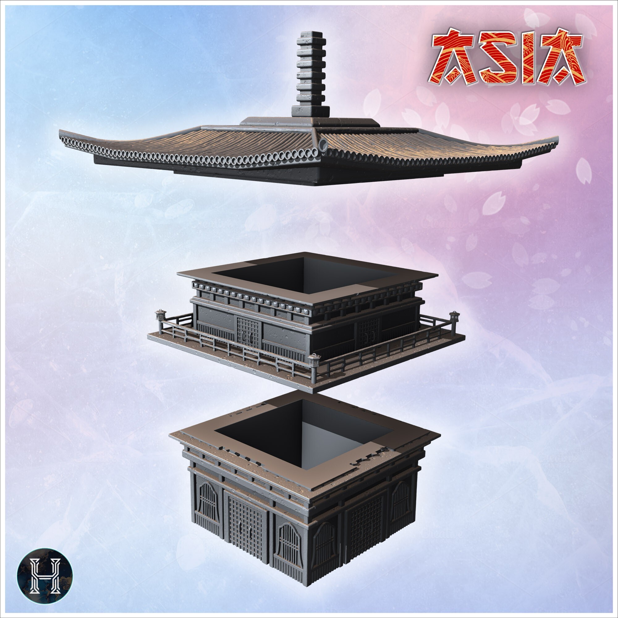 🥷 Large Asian pagoda with wide balcony, elaborate roof structure ...