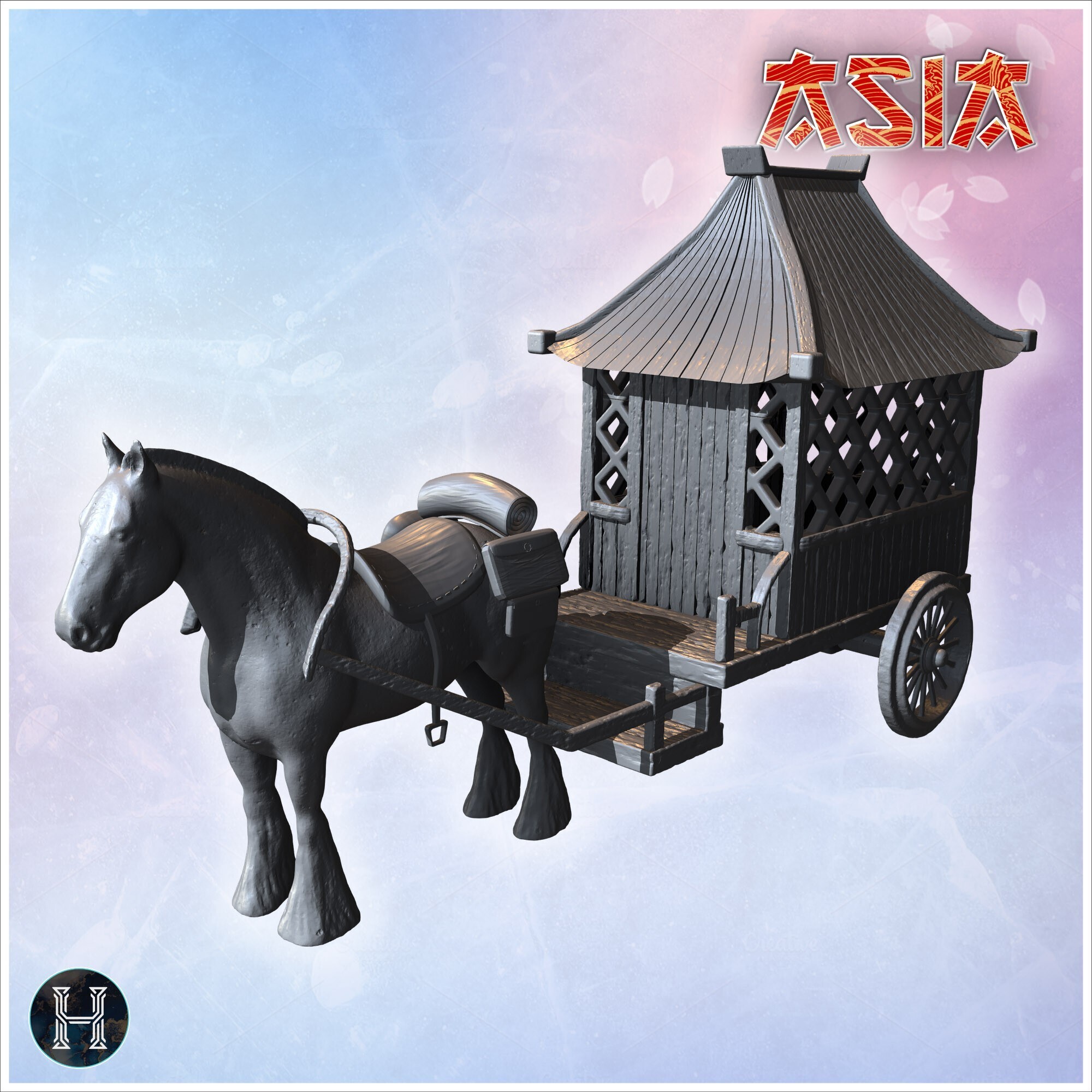 🪵 Asian horse-drawn wooden carriage featuring decorative lattice sides ...