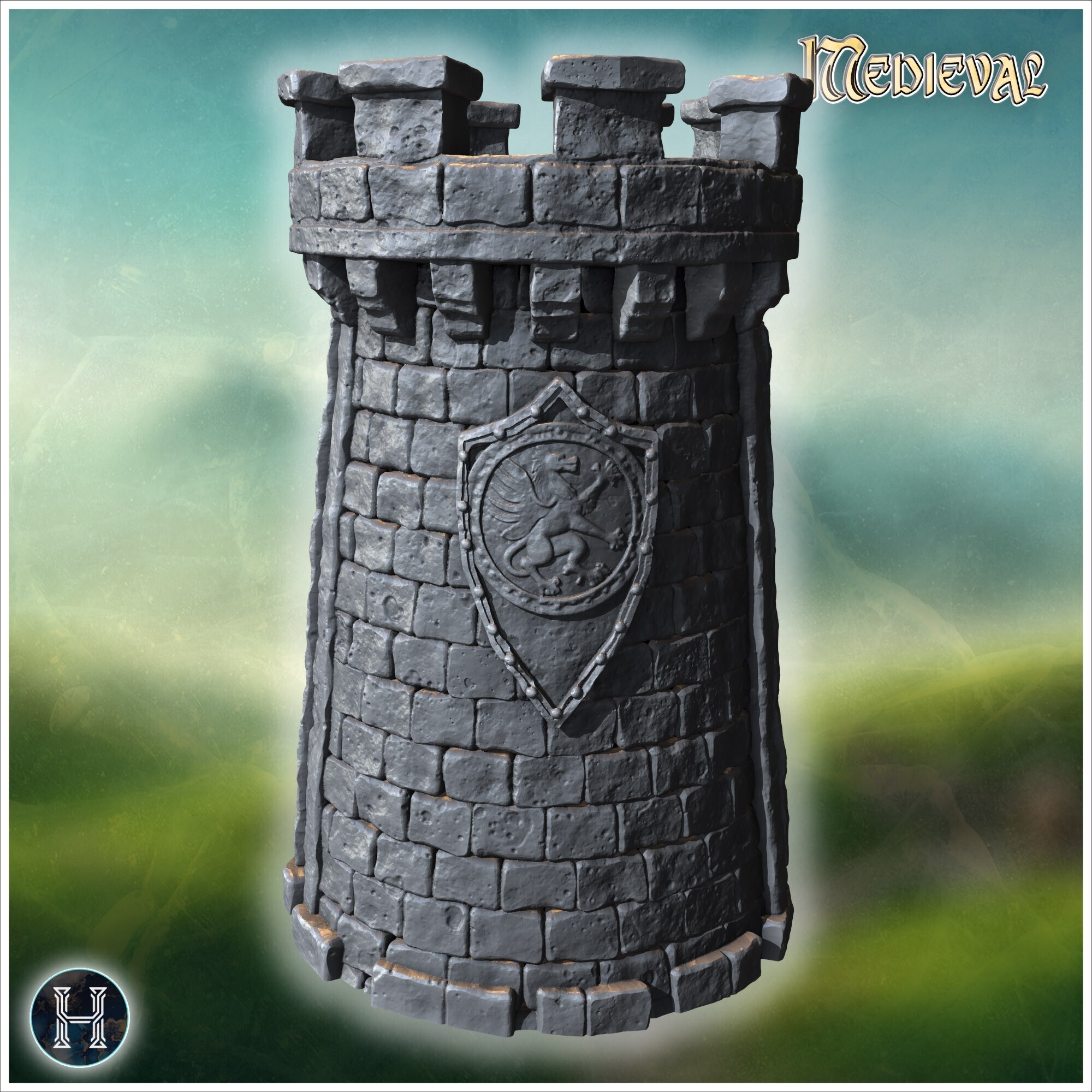 🛡️ Medieval round tower with crenelated walls, arched entrance, and ...